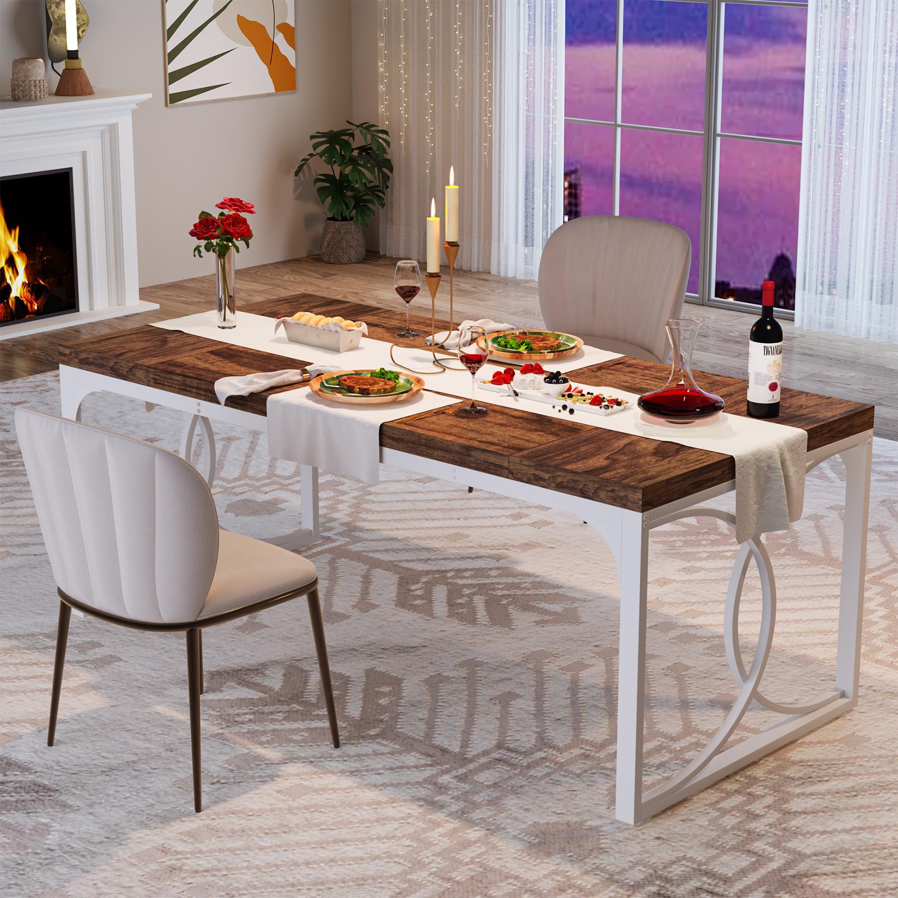 Tribesins Rectangular Dining Table, 63-inch Wood Kitchen Table with Strong Metal Frame, Industrial Large Long Dining Room Table for 4-People Family (Walnut and White)