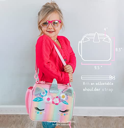 mibasies Kids Unicorn Insulated Lunch Box for Girls Rainbow Bag with Water Bottle Holder(Pink Blue Rainbow)