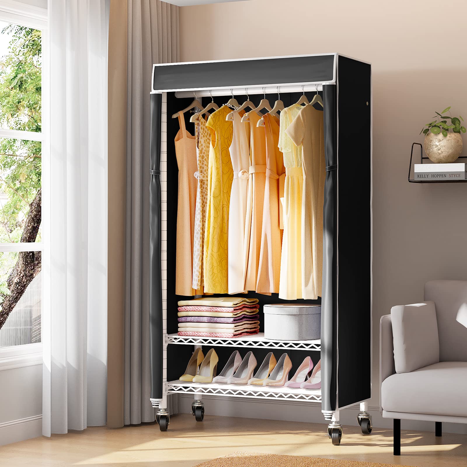 VIPEK R1C Rolling Clothes Rack with Cover Portable Closet for Hanging Clothes, Heavy Duty Garment Rack Freestanding Clothing Racks with Wheels& Hanging Rod, White Closet Racks with Black Cover