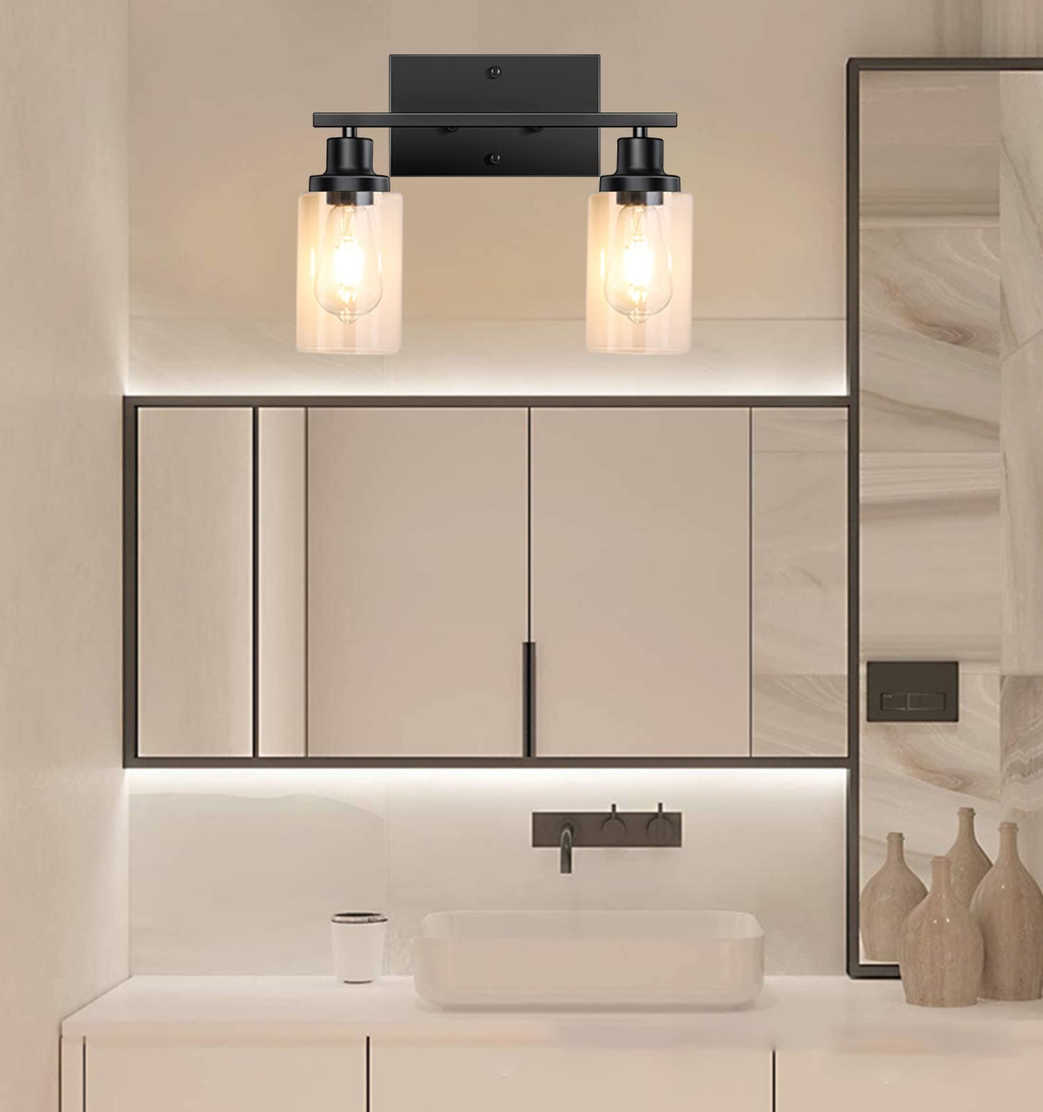 Bathroom Light Fixtures, Black 2-Light Vanity Lights, Modern Bathroom Vanity Light with Clear Glass Shade, Wall Lamp with Metal Frame over Mirror, Vanity Lights for Washroom Bedroom Hallway E26 Base