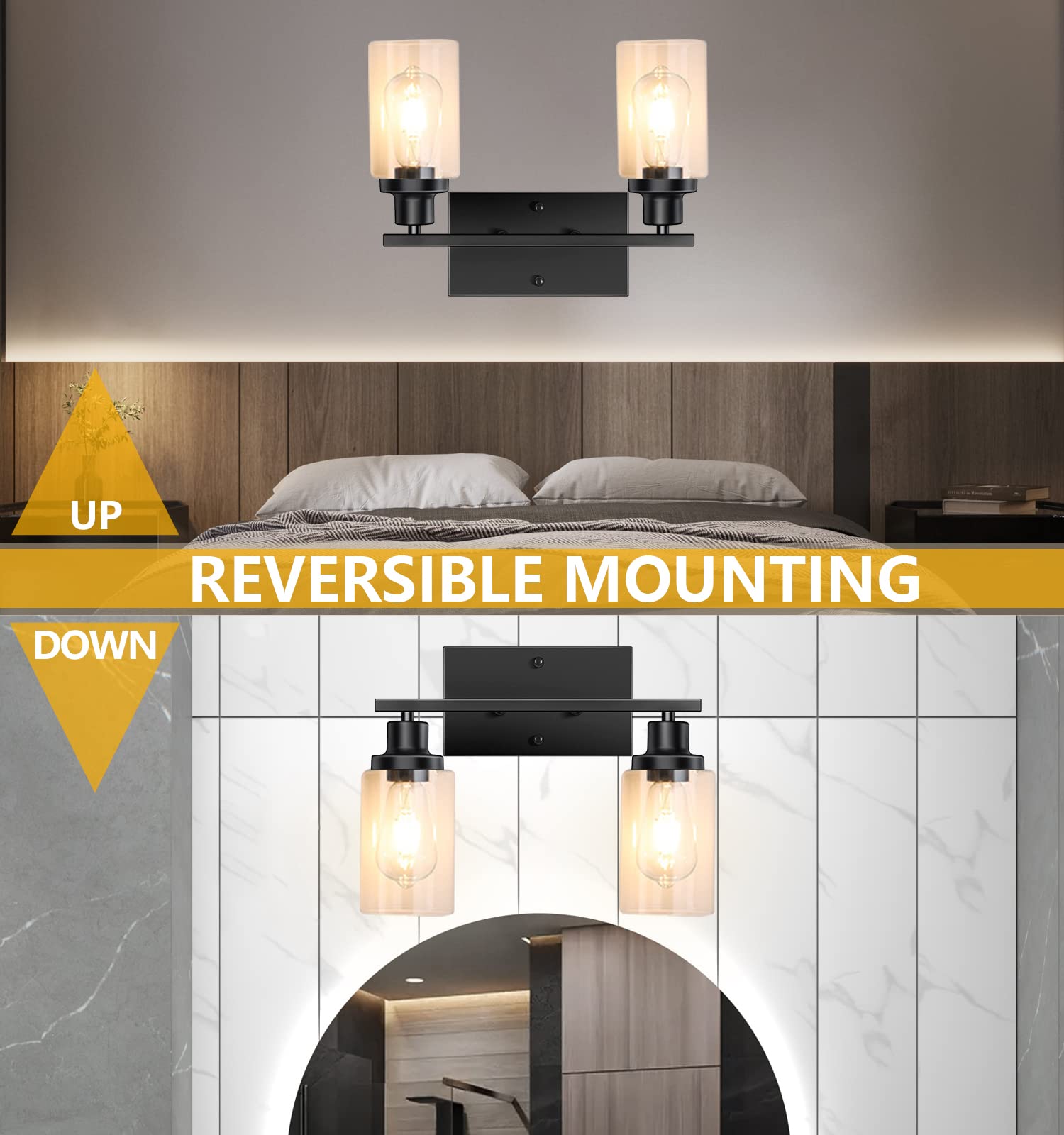 Bathroom Light Fixtures, Black 2-Light Vanity Lights, Modern Bathroom Vanity Light with Clear Glass Shade, Wall Lamp with Metal Frame over Mirror, Vanity Lights for Washroom Bedroom Hallway E26 Base