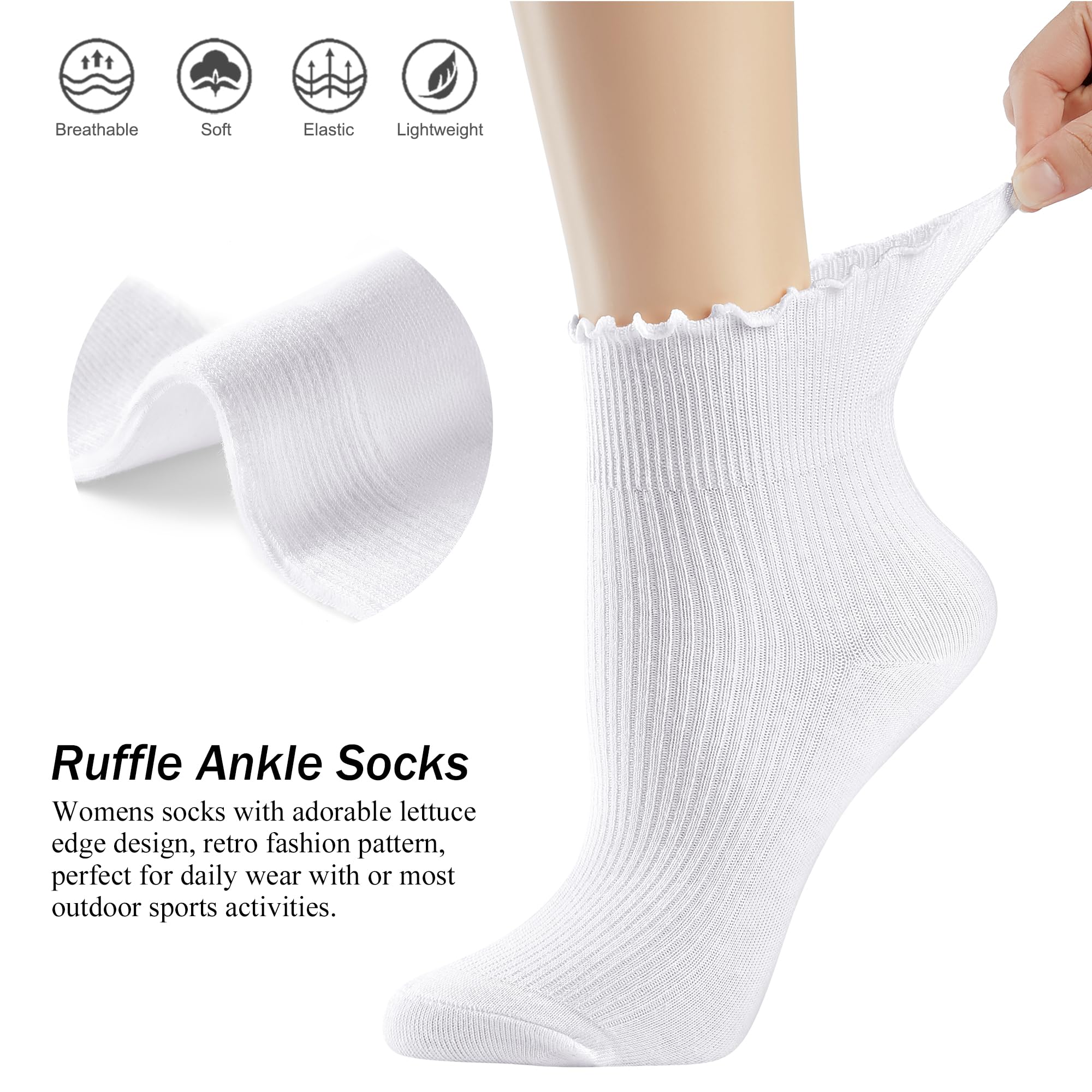 UTTPLL Ruffle Crew Socks Women Turn-Cuff Athletic Aesthetic Lettuce Socks Ladies Thin Lovely Cotton Frilly Boot Ankle Socks White One Size