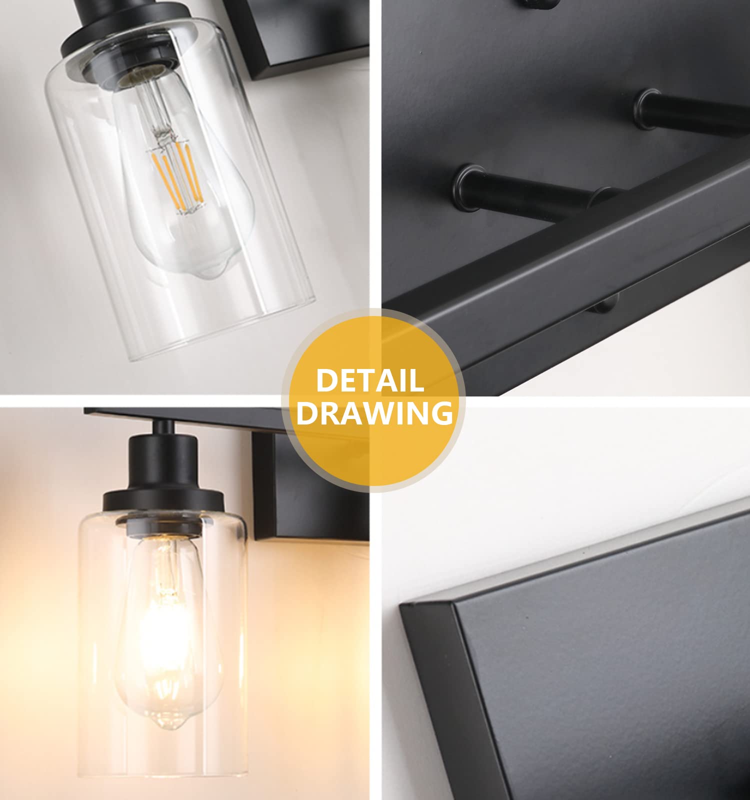 Bathroom Light Fixtures, Black 2-Light Vanity Lights, Modern Bathroom Vanity Light with Clear Glass Shade, Wall Lamp with Metal Frame over Mirror, Vanity Lights for Washroom Bedroom Hallway E26 Base