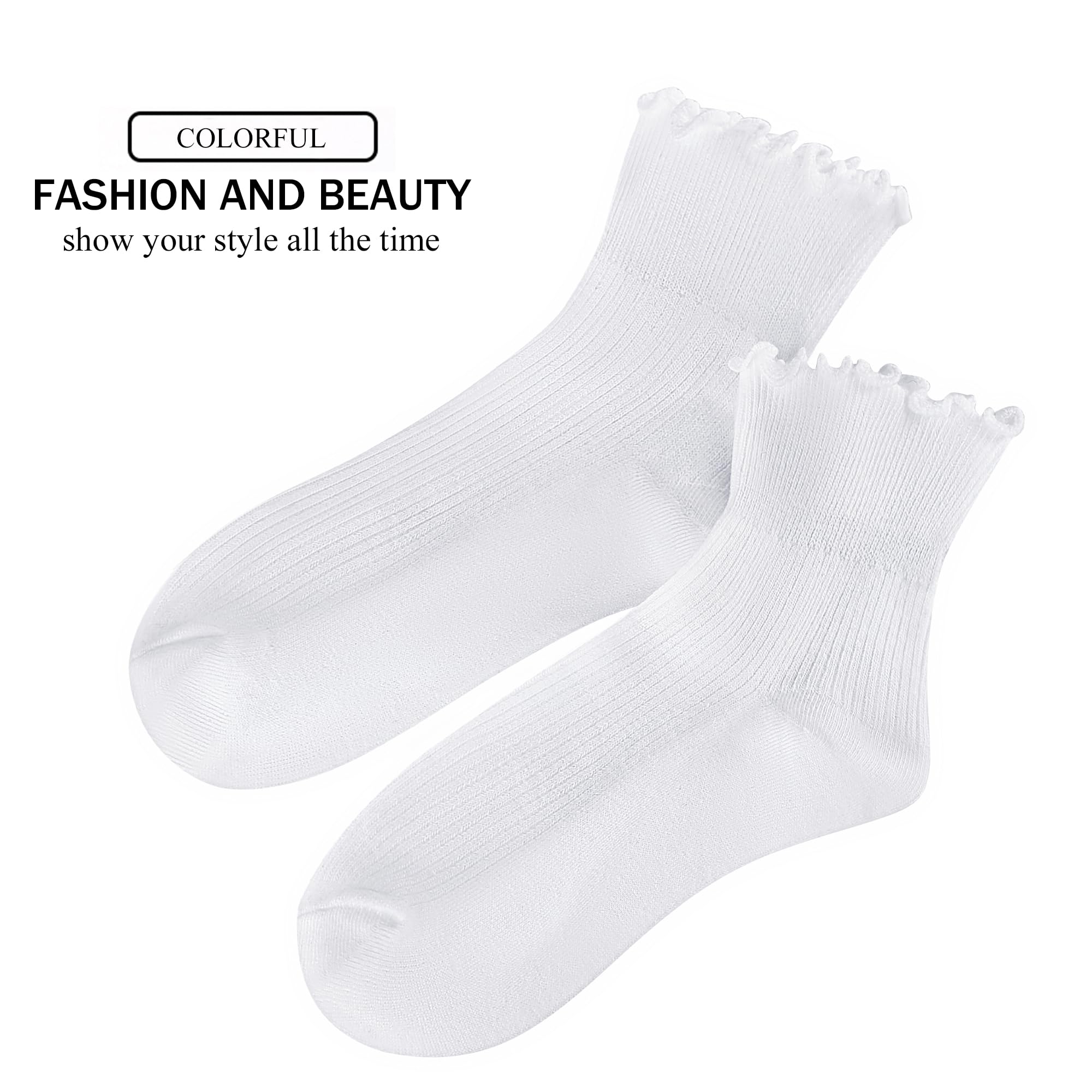 UTTPLL Ruffle Crew Socks Women Turn-Cuff Athletic Aesthetic Lettuce Socks Ladies Thin Lovely Cotton Frilly Boot Ankle Socks White One Size
