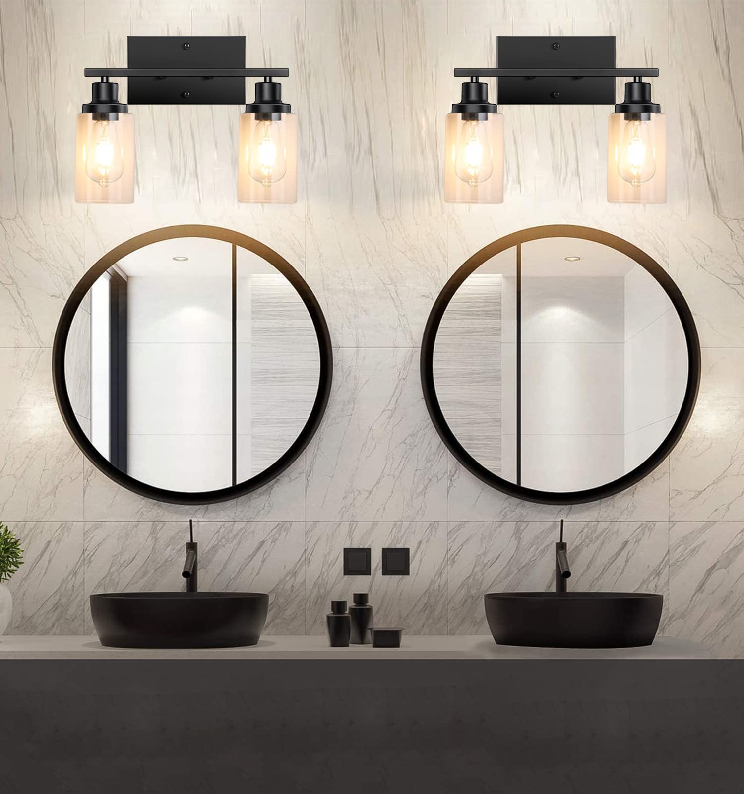 Bathroom Light Fixtures, Black 2-Light Vanity Lights, Modern Bathroom Vanity Light with Clear Glass Shade, Wall Lamp with Metal Frame over Mirror, Vanity Lights for Washroom Bedroom Hallway E26 Base
