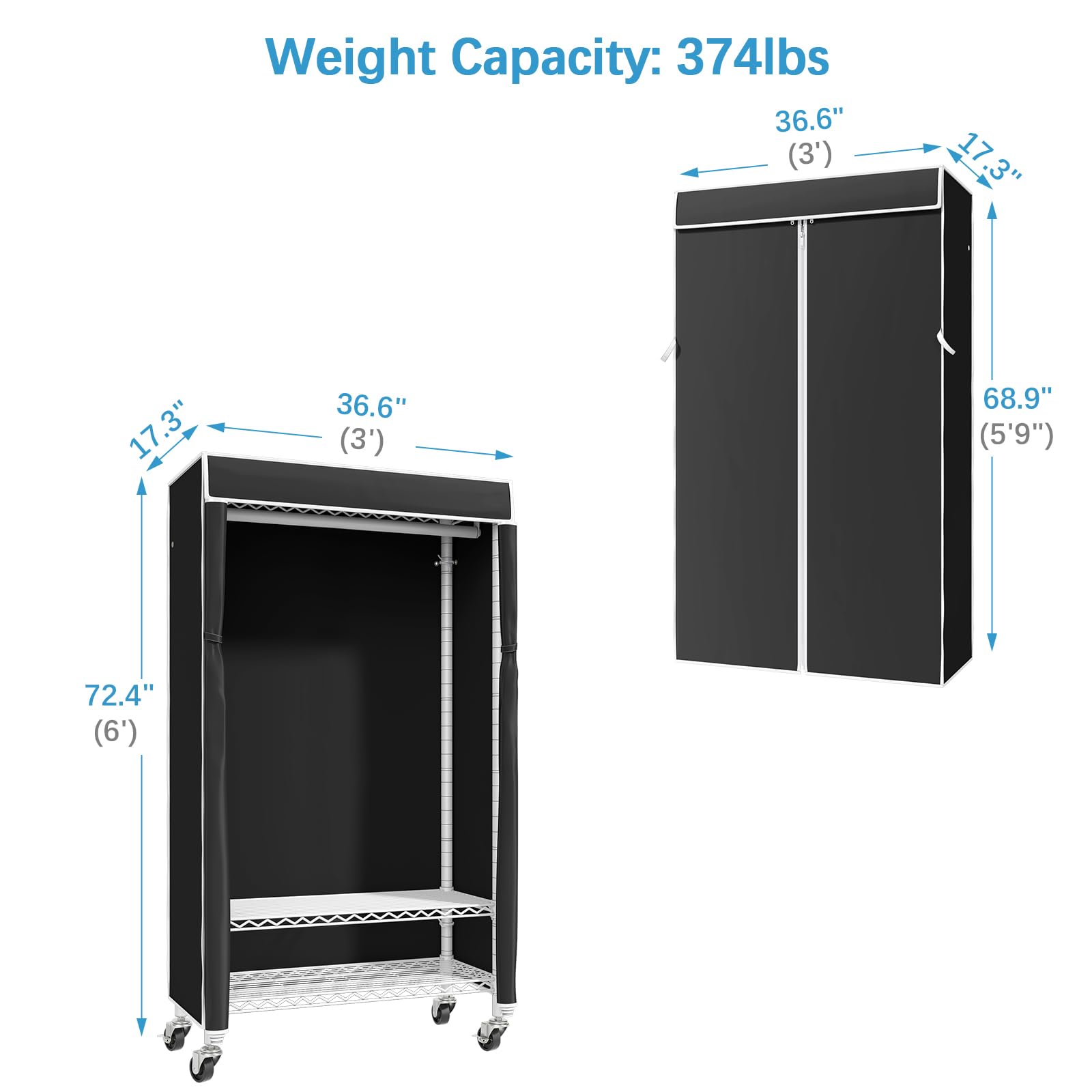 VIPEK R1C Rolling Clothes Rack with Cover Portable Closet for Hanging Clothes, Heavy Duty Garment Rack Freestanding Clothing Racks with Wheels& Hanging Rod, White Closet Racks with Black Cover