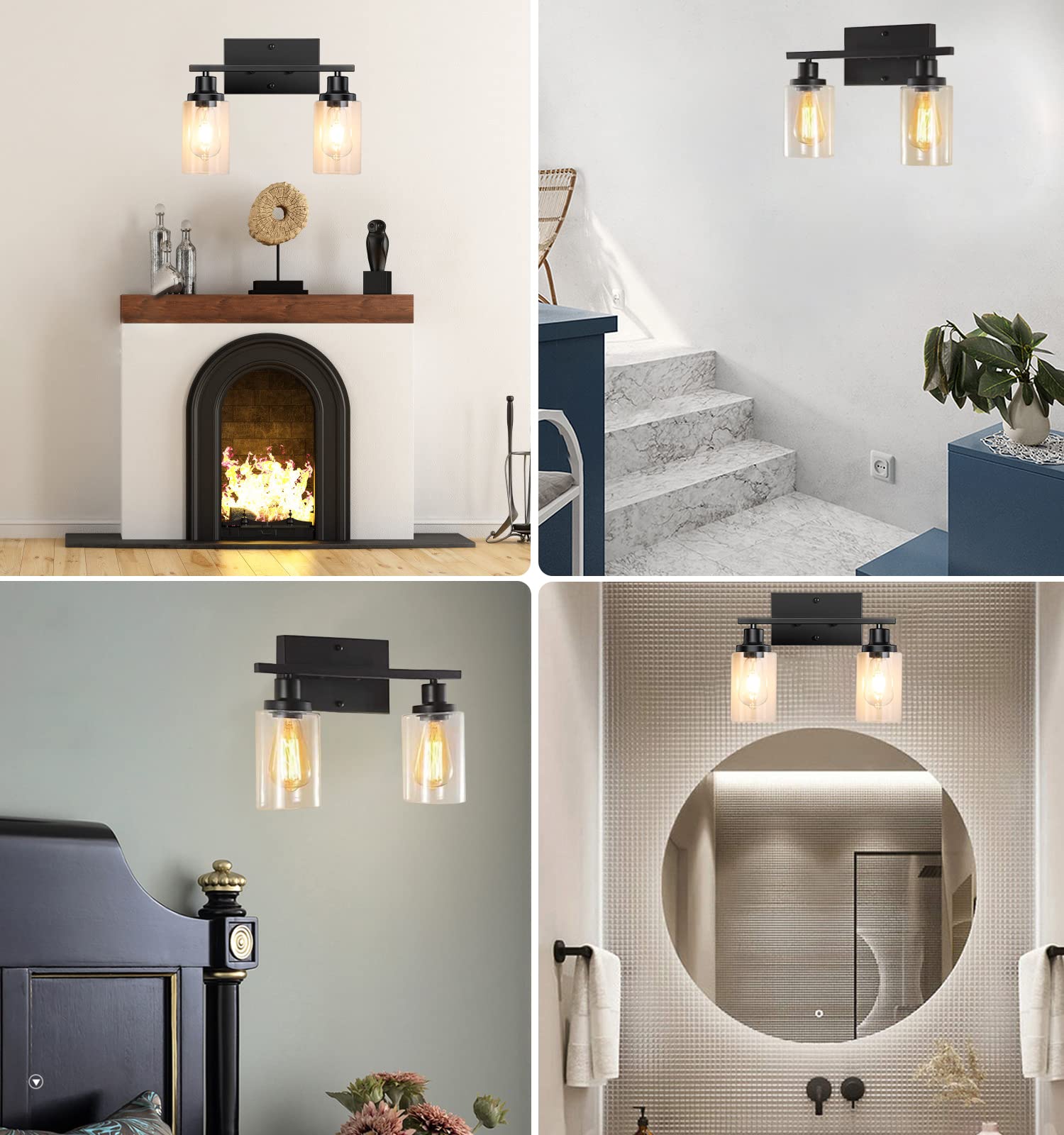 Bathroom Light Fixtures, Black 2-Light Vanity Lights, Modern Bathroom Vanity Light with Clear Glass Shade, Wall Lamp with Metal Frame over Mirror, Vanity Lights for Washroom Bedroom Hallway E26 Base