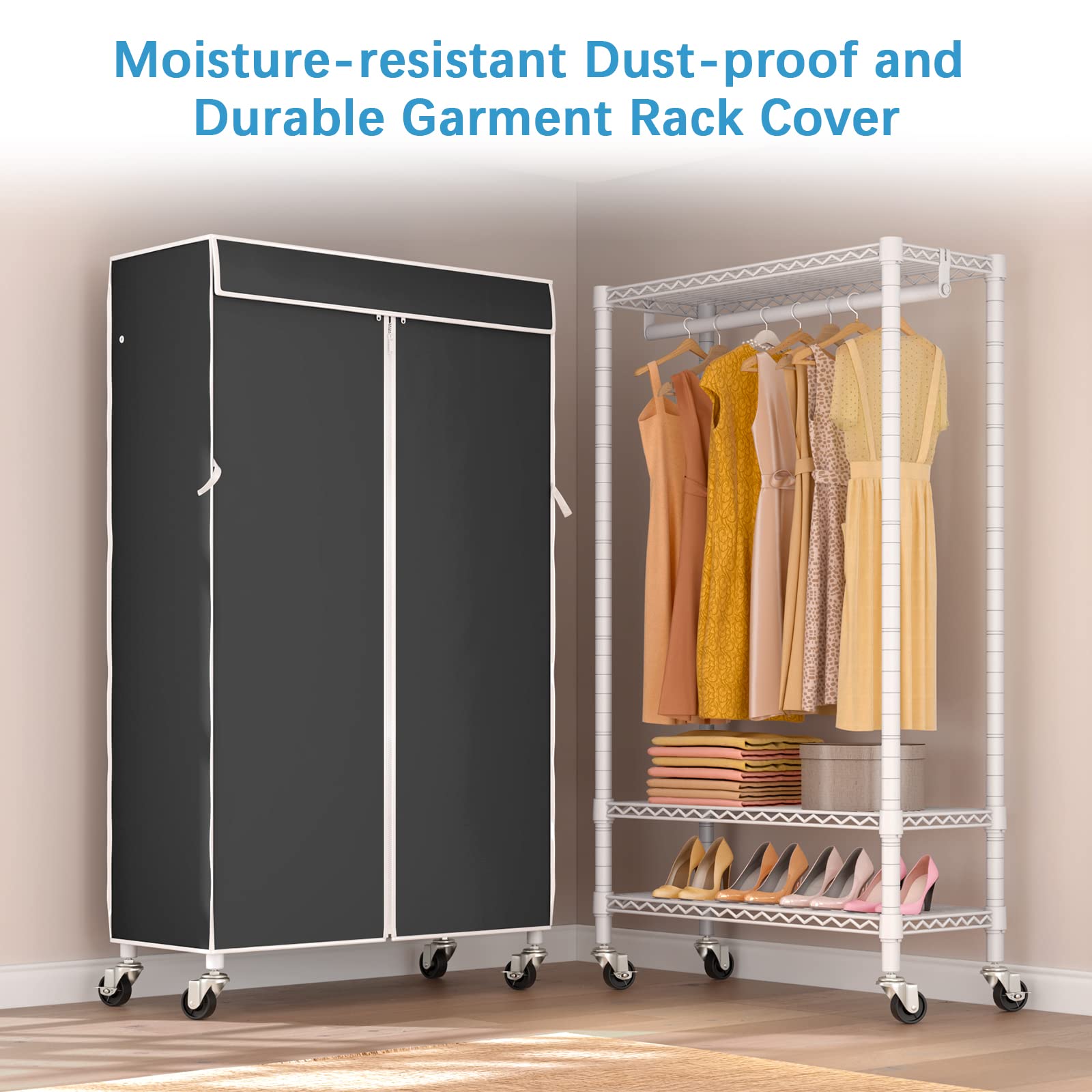 VIPEK R1C Rolling Clothes Rack with Cover Portable Closet for Hanging Clothes, Heavy Duty Garment Rack Freestanding Clothing Racks with Wheels& Hanging Rod, White Closet Racks with Black Cover