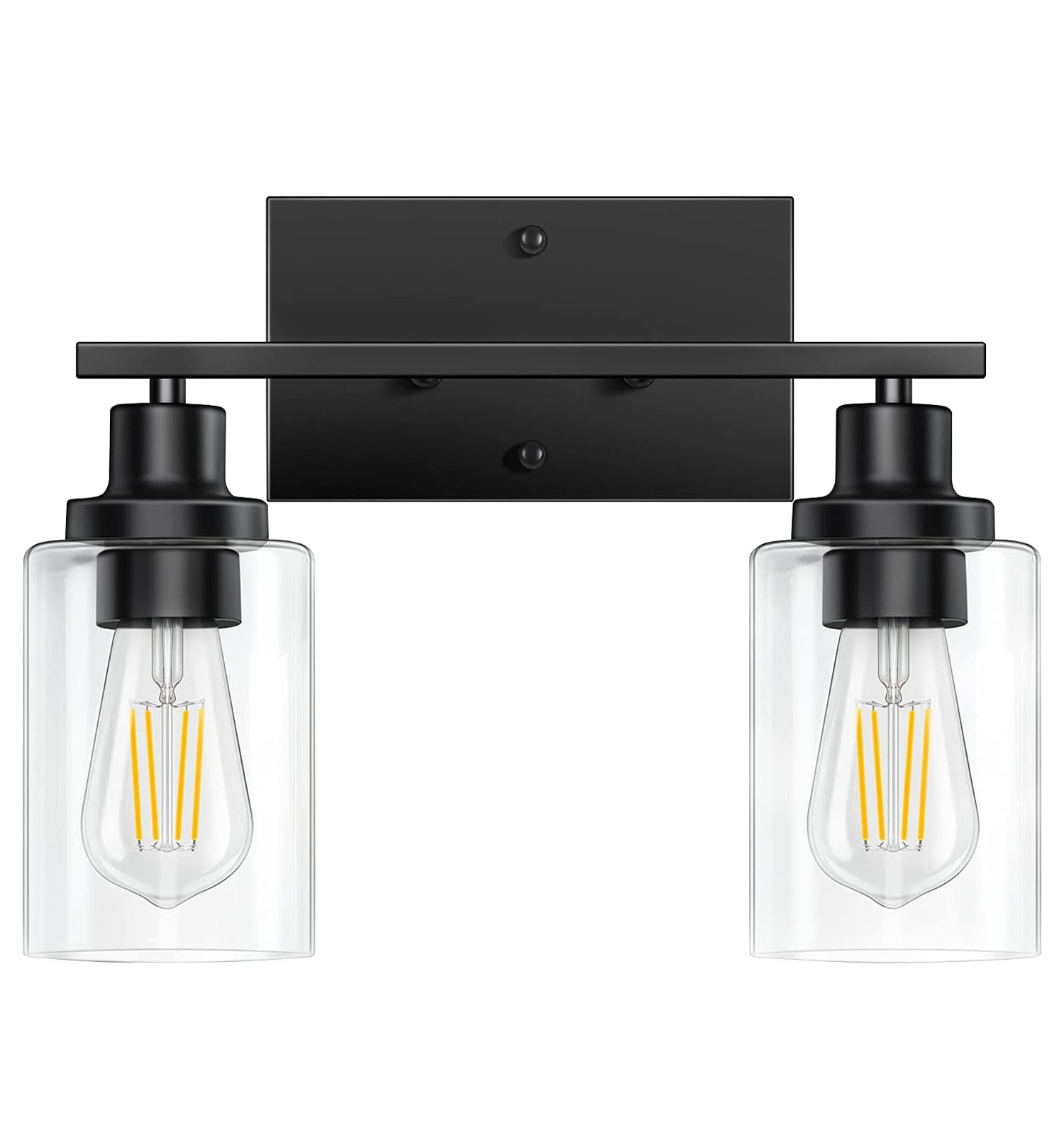 Bathroom Light Fixtures, Black 2-Light Vanity Lights, Modern Bathroom Vanity Light with Clear Glass Shade, Wall Lamp with Metal Frame over Mirror, Vanity Lights for Washroom Bedroom Hallway E26 Base