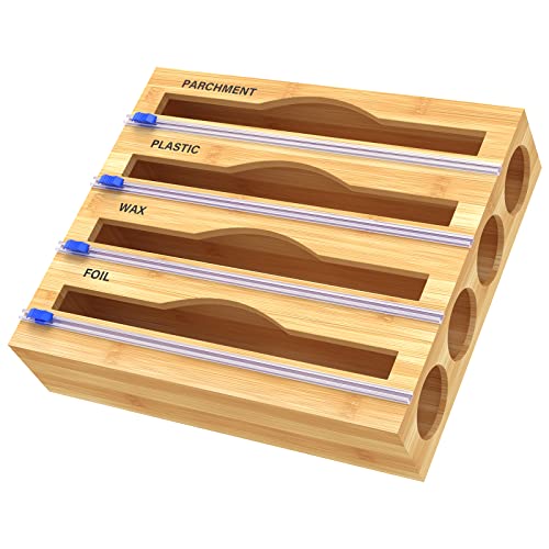 4 in 1 Foil and Plastic Wrap Organizer, WEIFA Wrap Dispenser with Cutter for Drawer and Kitchen Storage, Holder for 12" Roll Plastic Wrap, Aluminum Foil, Wax, Parchment.