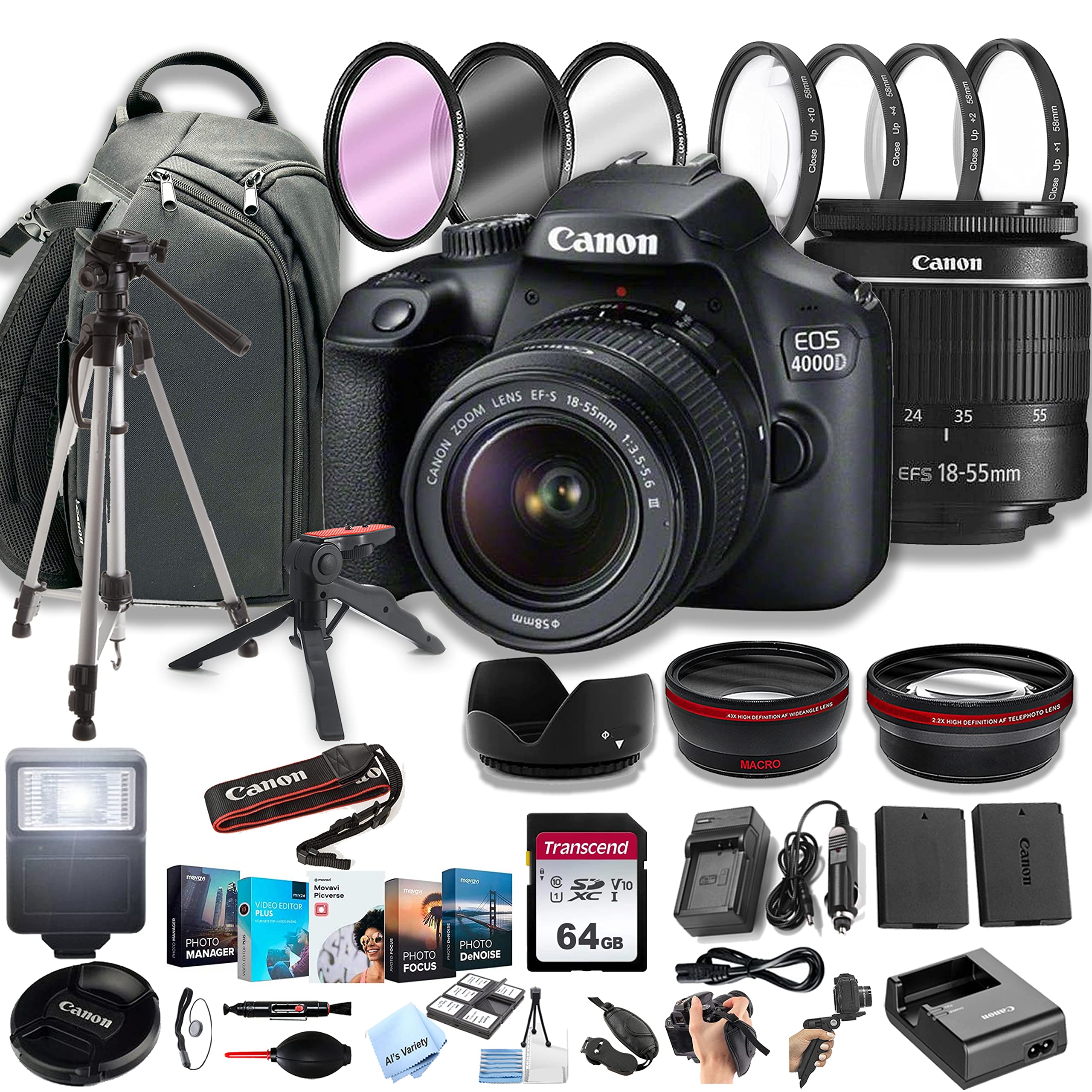 Canon EOS 4000D (Rebel T100) DSLR Camera w/EF-S 18-55mm F/3.5-5.6 Zoom Lens + 100S Sling Backpack + 64GB Memory Cards, Professional Photo Bundle (40pc Bundle) (Renewed)