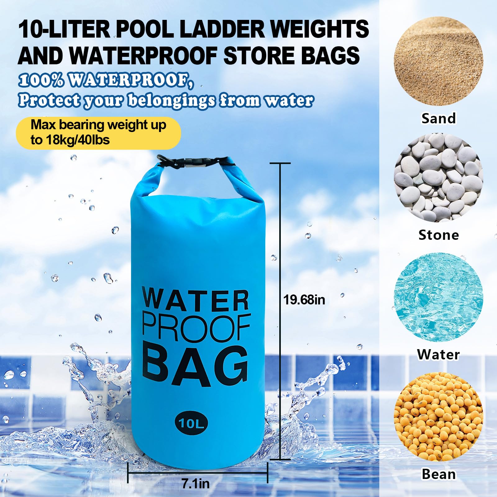 KITCHSTAR Pool Step Weights, Pool Ladder Weights for Above Ground Pools, Waterproof Sand Bags for Pool Steps with Heavy-Duty Nylon & Handle, Work with Above Ground and in-Ground Pool Steps 10Lx2PCS