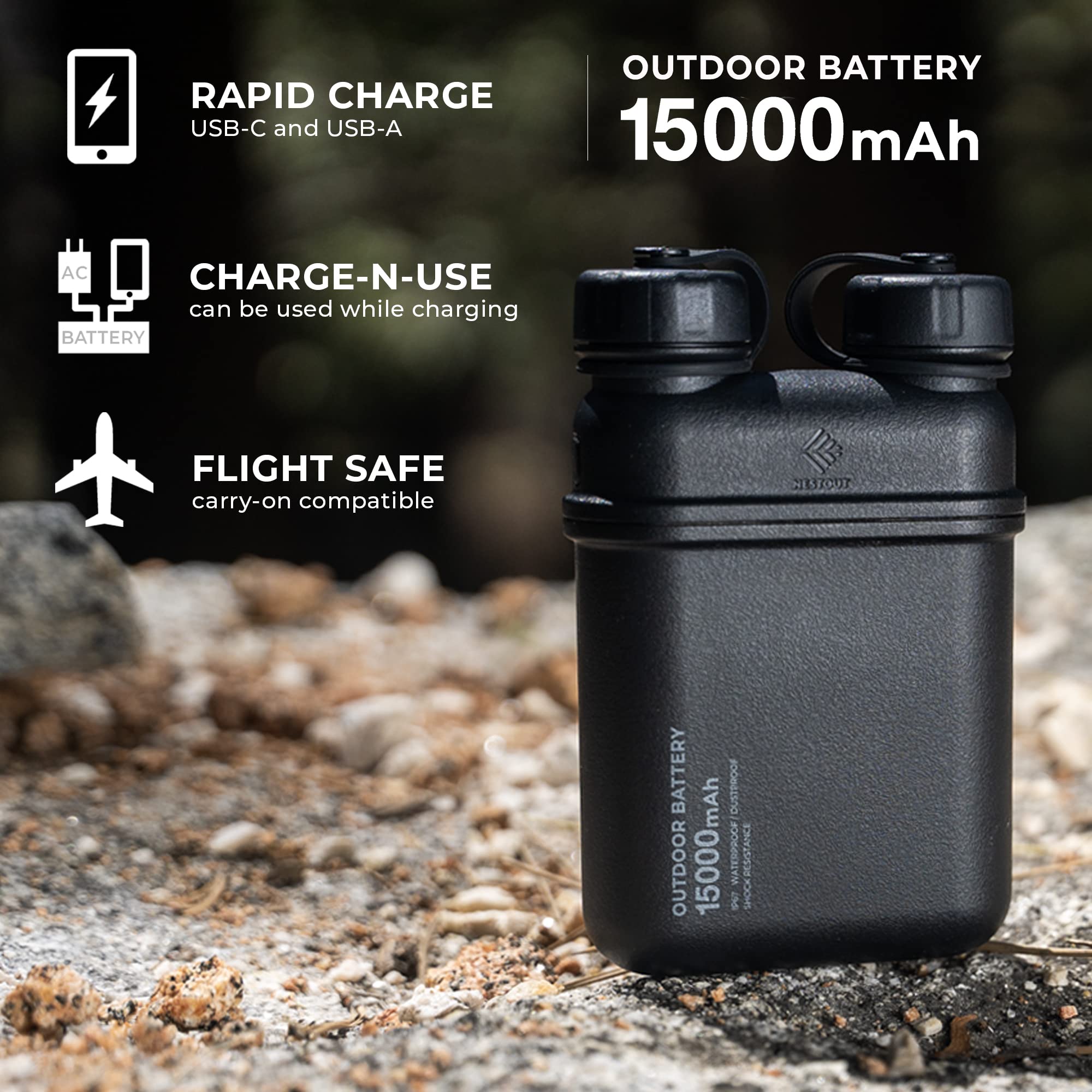 ELECOM NESTOUT 15000mAh Outdoor Power Bank + 4-Panel Solar Panel Charger + Flash-1 LED Flash Light Panel 1000 Lumen - Blue Gray