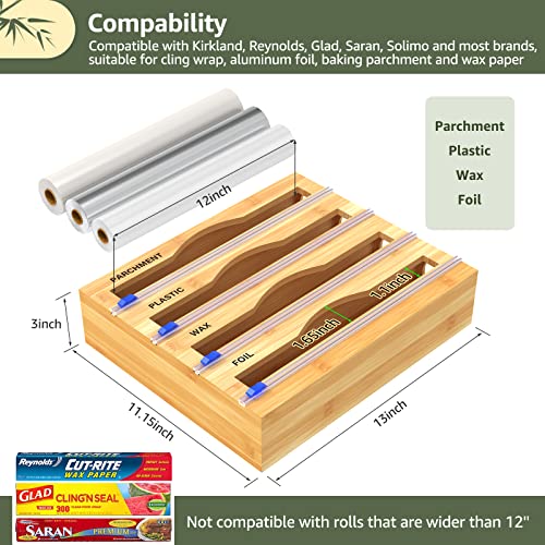 4 in 1 Foil and Plastic Wrap Organizer, WEIFA Wrap Dispenser with Cutter for Drawer and Kitchen Storage, Holder for 12" Roll Plastic Wrap, Aluminum Foil, Wax, Parchment.