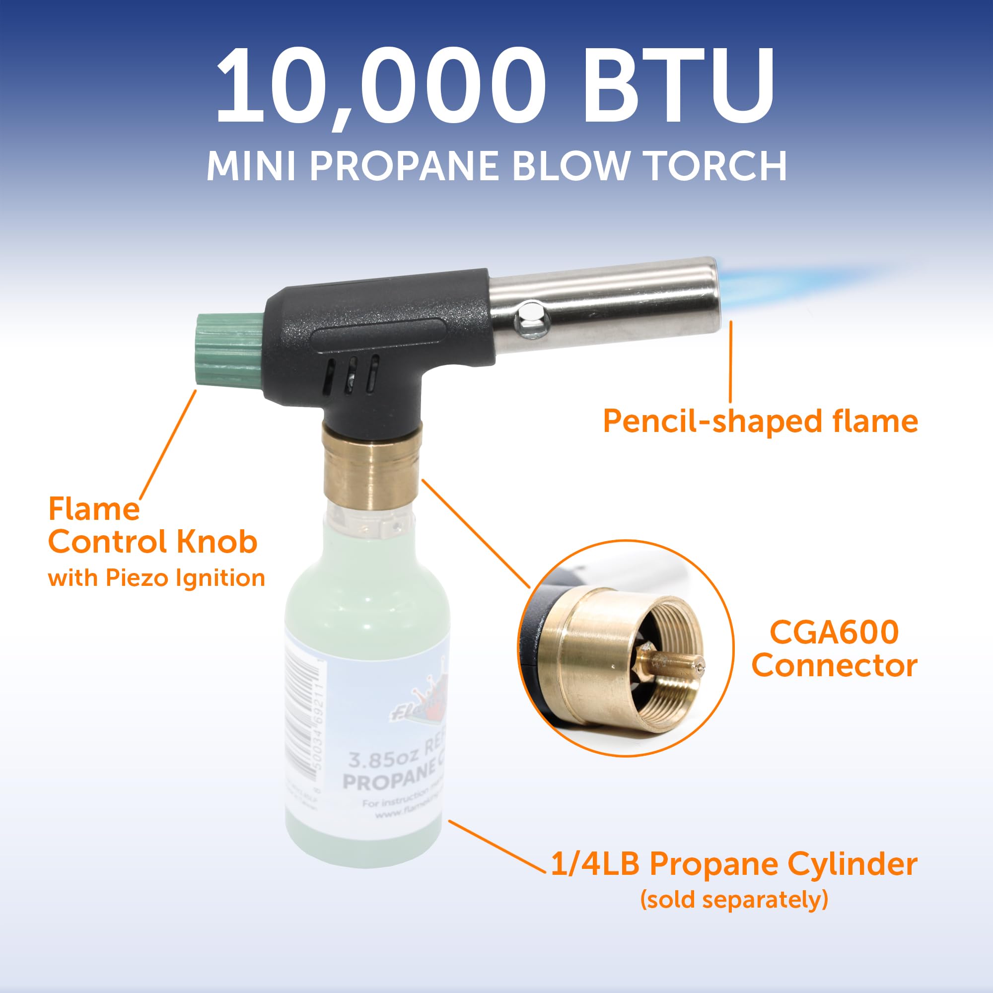 Flame King FK-PV777CGA Mini Propane Blow Torch Head 10,000 BTU for Kitchen, Soldering, Searing, Charcoal/Fire Pit Lighting