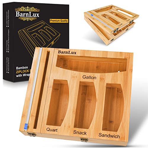 BarnLux 5 in1 Ziplock Bag Storage Organizer & Wrap Dispenser with Cutter - Premium Bamboo Baggie Organizer for Drawer, Anti-Cushion Bottom, Wall Mounted, Varnished Surface, 1 Box,13" x 14.5" x 3.7"