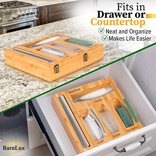 BarnLux 5 in1 Ziplock Bag Storage Organizer & Wrap Dispenser with Cutter - Premium Bamboo Baggie Organizer for Drawer, Anti-Cushion Bottom, Wall Mounted, Varnished Surface, 1 Box,13" x 14.5" x 3.7"