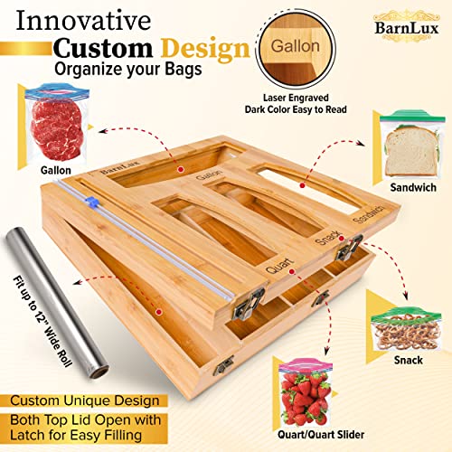 BarnLux 5 in1 Ziplock Bag Storage Organizer & Wrap Dispenser with Cutter - Premium Bamboo Baggie Organizer for Drawer, Anti-Cushion Bottom, Wall Mounted, Varnished Surface, 1 Box,13" x 14.5" x 3.7"