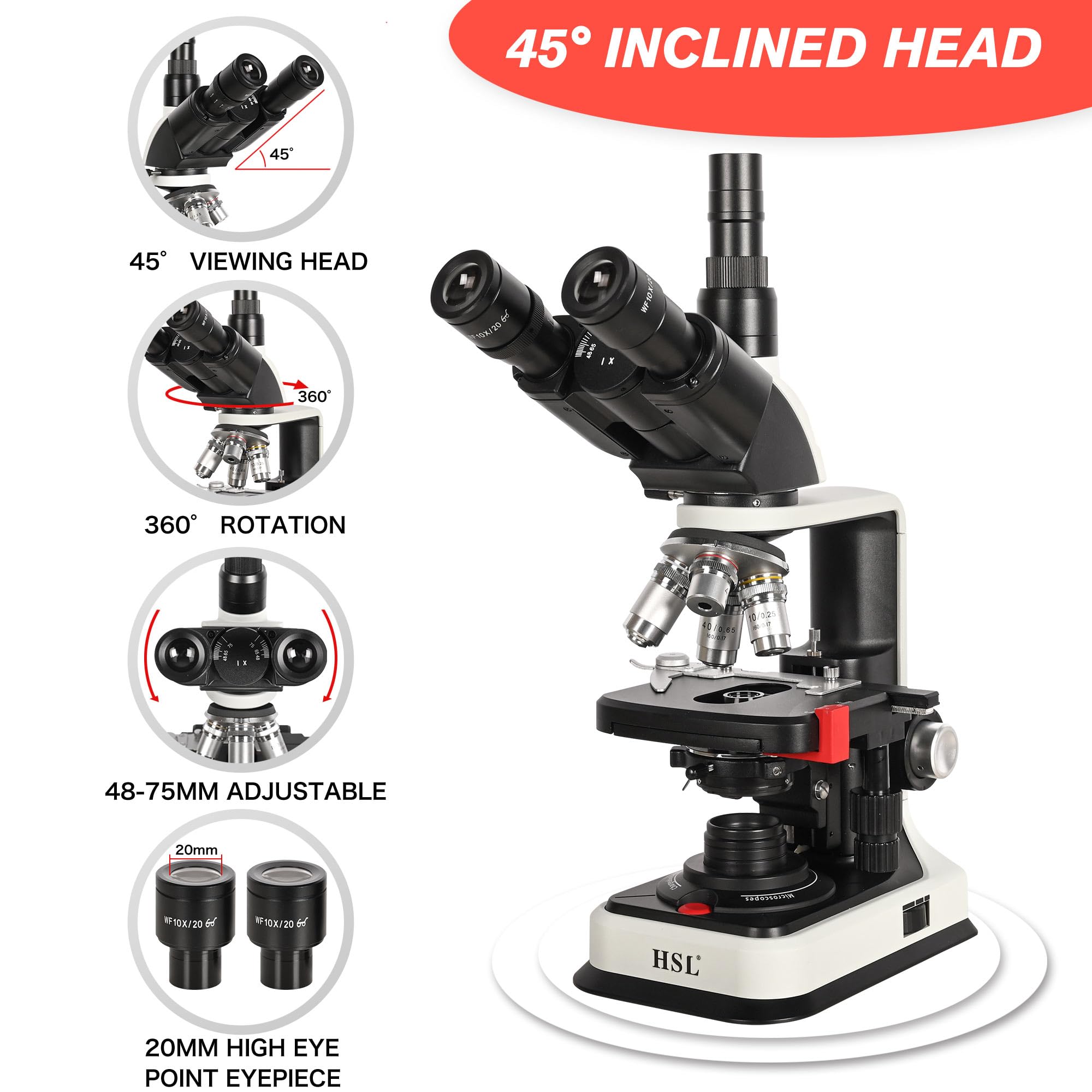 HSL Compound Trinocular Microscope Professional,40x-2500x Biological Microscopes for Adults Laboratory,Micro Scope microscopepio 1000x 400X LED WF10x and WF25x eyepieces Abbe Condenser