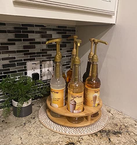 7 Bottles Capacity Coffee Syrup Rack- Rotating Syrup Bottle Holder Organizer- Kitchen Rack and Cobinet- Tabletop Freestanding Wine Rack- Lazy Susan for Bottle of Wine, Oil, Sauce, Alcohol