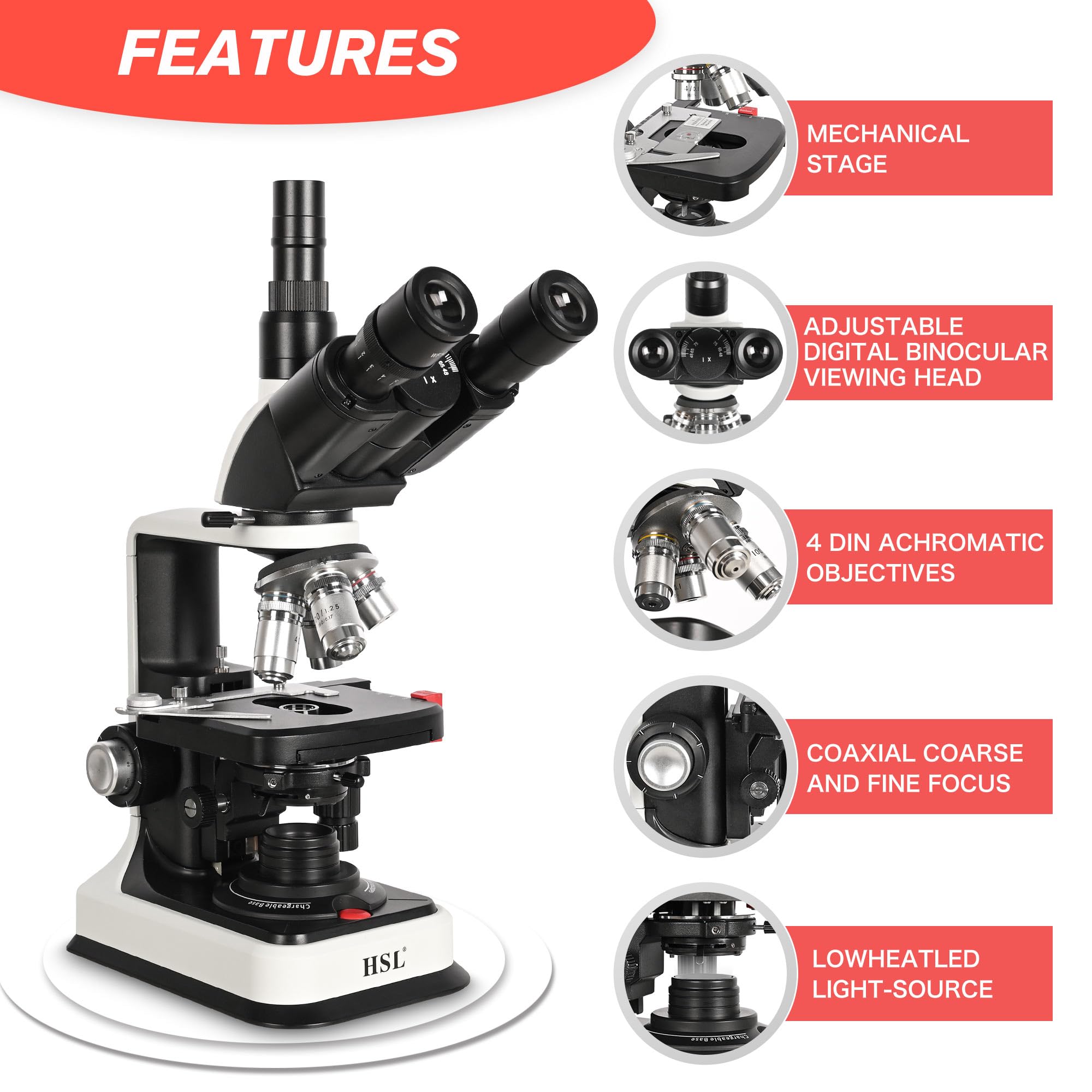 HSL Compound Trinocular Microscope Professional,40x-2500x Biological Microscopes for Adults Laboratory,Micro Scope microscopepio 1000x 400X LED WF10x and WF25x eyepieces Abbe Condenser