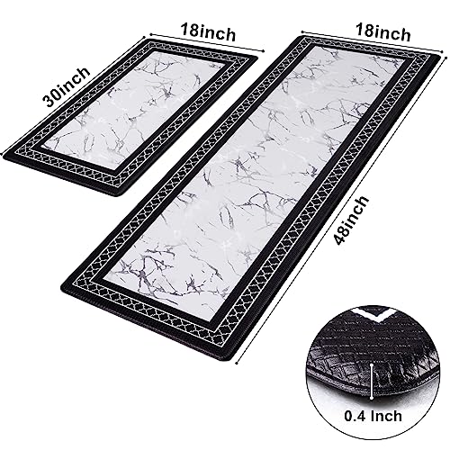 ASPMIZ Marble Kitchen Rugs Non Slip, Silver White Marble Kitchen Mats Cushioned Anti Fatigue, PVC Waterproof Leather Kitchen Rug Modern, Floor Comfort Mat for Kitchen Sink, 18'' x 30'' + 18'' x 48 ''