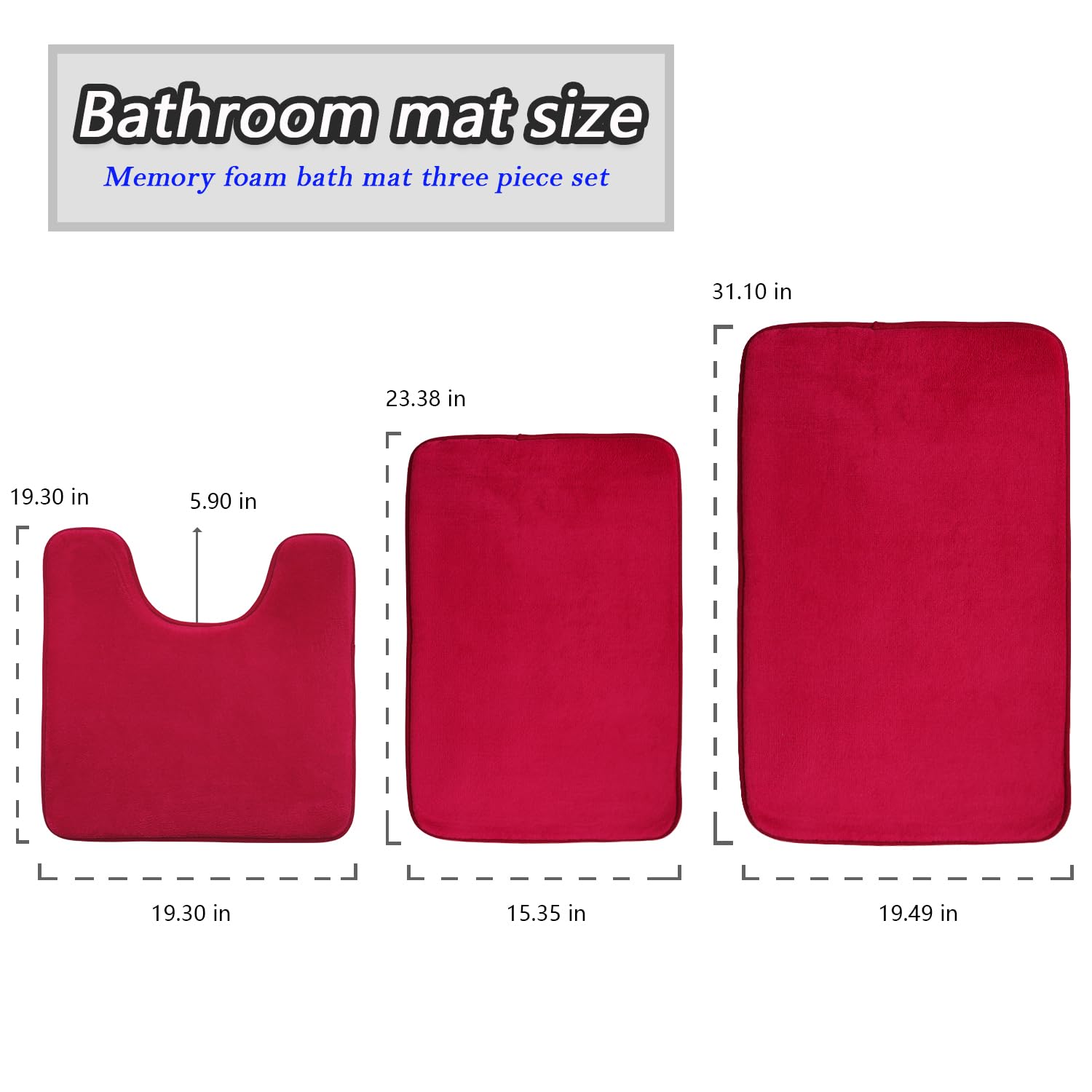 AINAHYVA Christmas Memory Foam Bath Mat Rug 3 Piece Set, Super Absorbent, Strong PVC Non Slip Backing, Bath mats for Bathroom, Plush Shaggy, Thick, Machine Washable, Bathtub, Shower, Toilet, Red