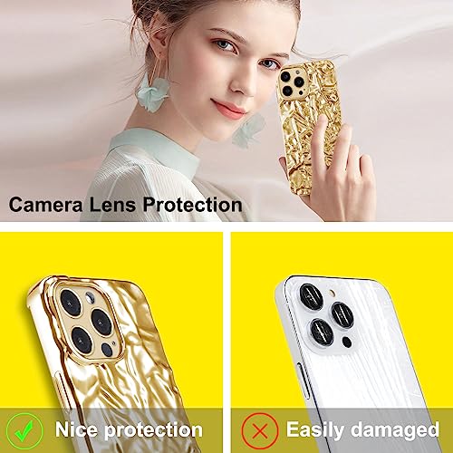 Yebowe Compatible with iPhone 13 Pro Max Case, Cute 3D Tin Foil Pleated Luxury Phone Cover for Women Girls Shiny Bling Designer Soft Silicone Case for iPhone 13 Pro Max, Gold