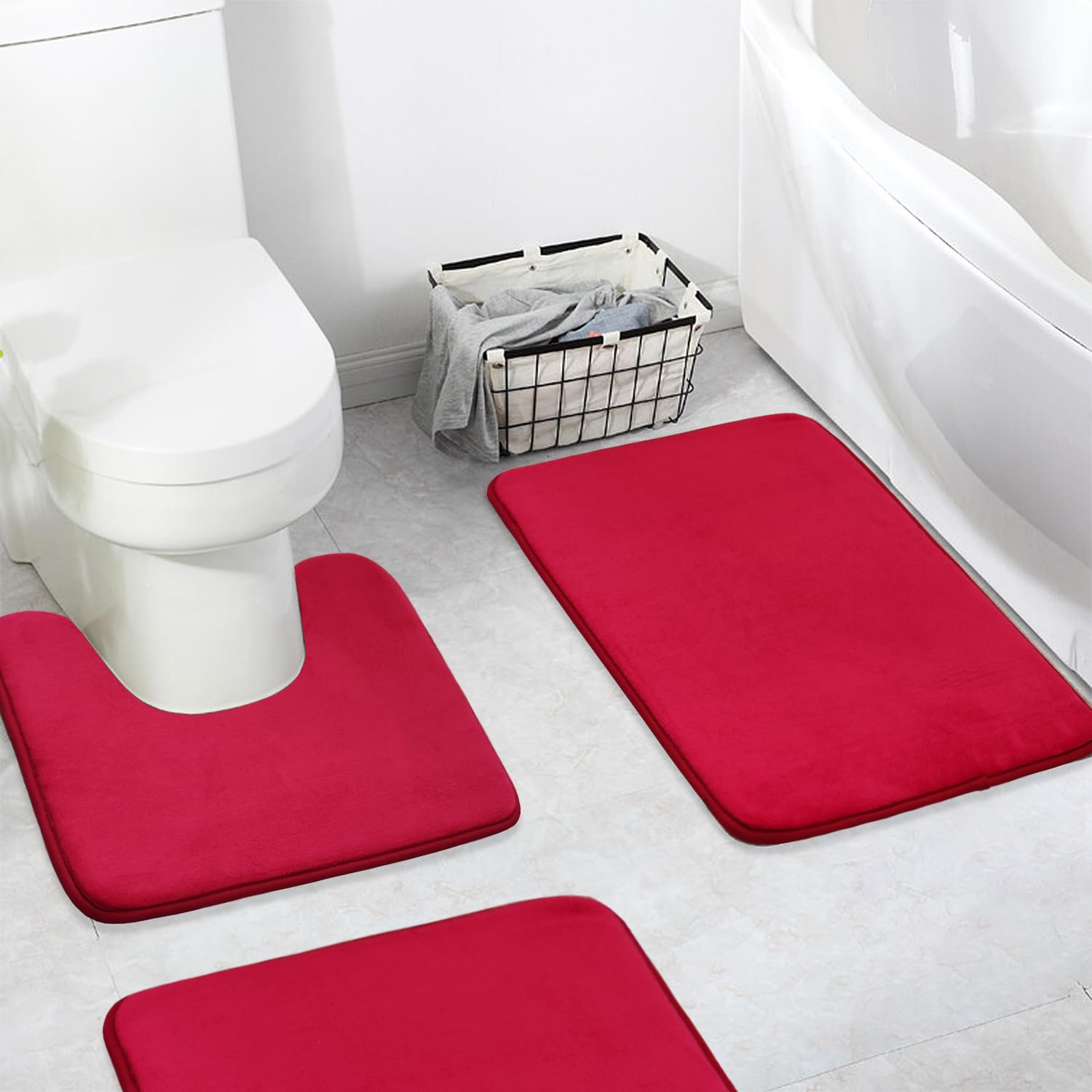 AINAHYVA Christmas Memory Foam Bath Mat Rug 3 Piece Set, Super Absorbent, Strong PVC Non Slip Backing, Bath mats for Bathroom, Plush Shaggy, Thick, Machine Washable, Bathtub, Shower, Toilet, Red