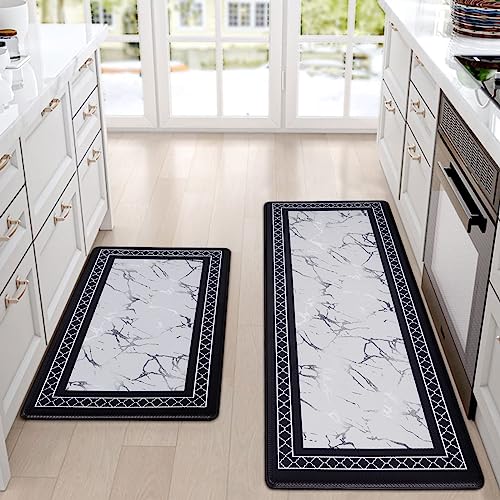 ASPMIZ Marble Kitchen Rugs Non Slip, Silver White Marble Kitchen Mats Cushioned Anti Fatigue, PVC Waterproof Leather Kitchen Rug Modern, Floor Comfort Mat for Kitchen Sink, 18'' x 30'' + 18'' x 48 ''