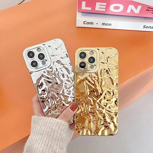 Yebowe Compatible with iPhone 13 Pro Max Case, Cute 3D Tin Foil Pleated Luxury Phone Cover for Women Girls Shiny Bling Designer Soft Silicone Case for iPhone 13 Pro Max, Gold