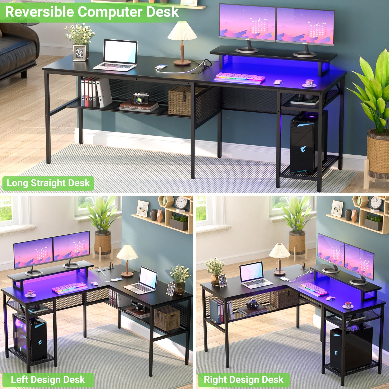 Unikito L Shaped Desk, Reversible Corner Computer Desk with Magic Power Outlets and Smart LED Light, Unique Grid Design, 55 Inch Office Desk with Monitor Stand and Storage Shelf, Black
