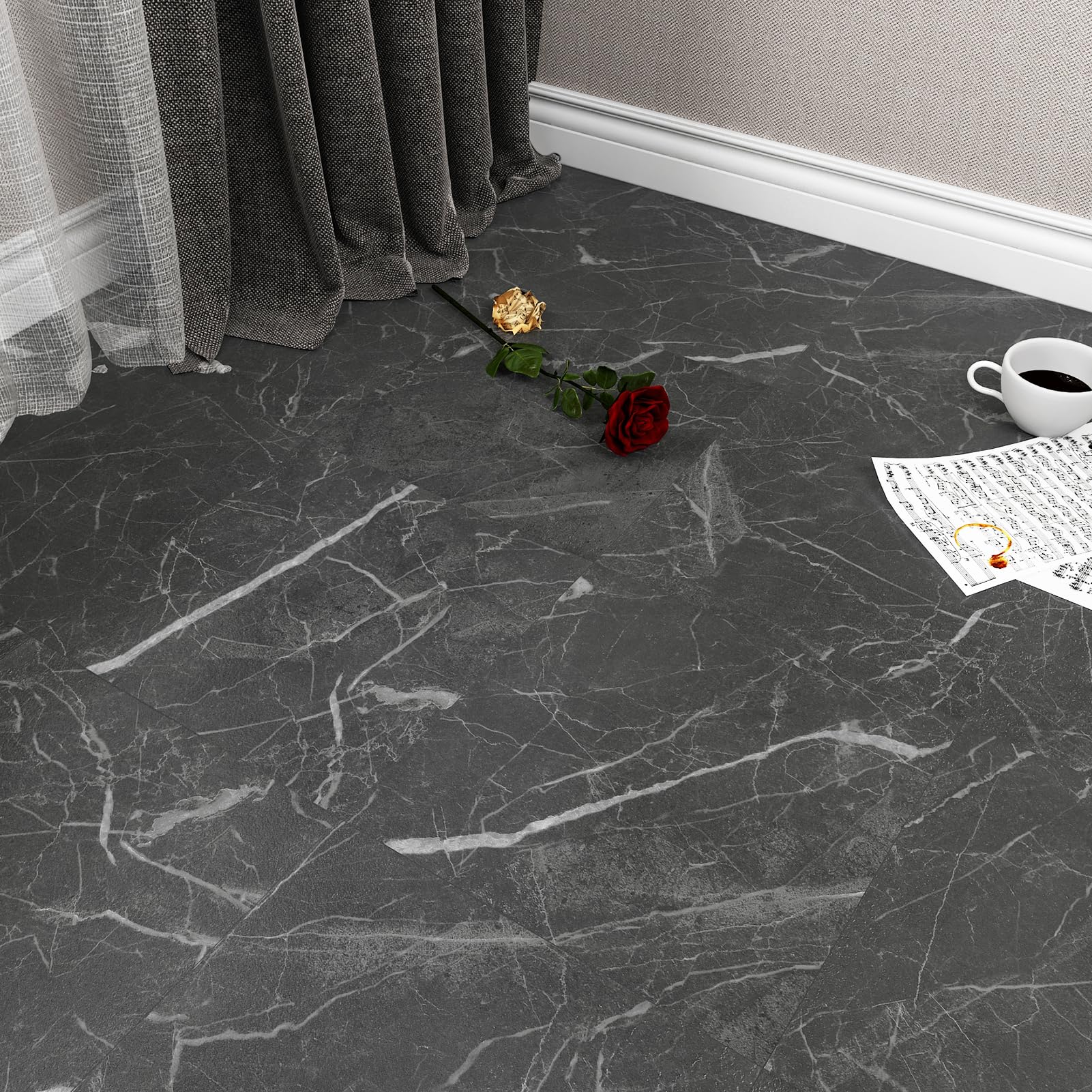 WESTICK Grey Black Marble Peel and Stick Floor Tile Vinyl Flooring Peel and Stick Bathroom Floor Tiles Waterproof Non-Slip Flooring Tile Sticker for Kitchen Bedroom RV 5 PCS 12" x 12"