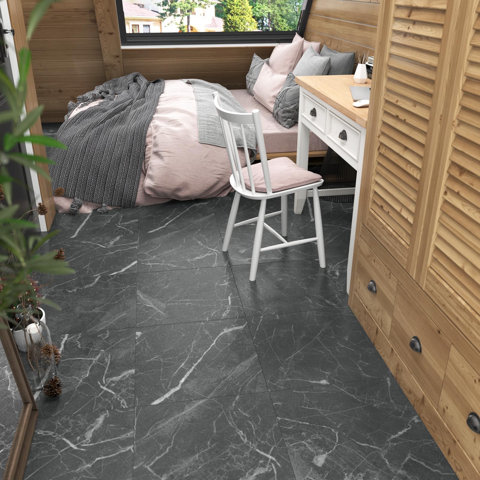 WESTICK Grey Black Marble Peel and Stick Floor Tile Vinyl Flooring Peel and Stick Bathroom Floor Tiles Waterproof Non-Slip Flooring Tile Sticker for Kitchen Bedroom RV 5 PCS 12" x 12"