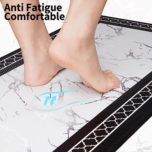 ASPMIZ Marble Kitchen Rugs Non Slip, Silver White Marble Kitchen Mats Cushioned Anti Fatigue, PVC Waterproof Leather Kitchen Rug Modern, Floor Comfort Mat for Kitchen Sink, 18'' x 30'' + 18'' x 48 ''