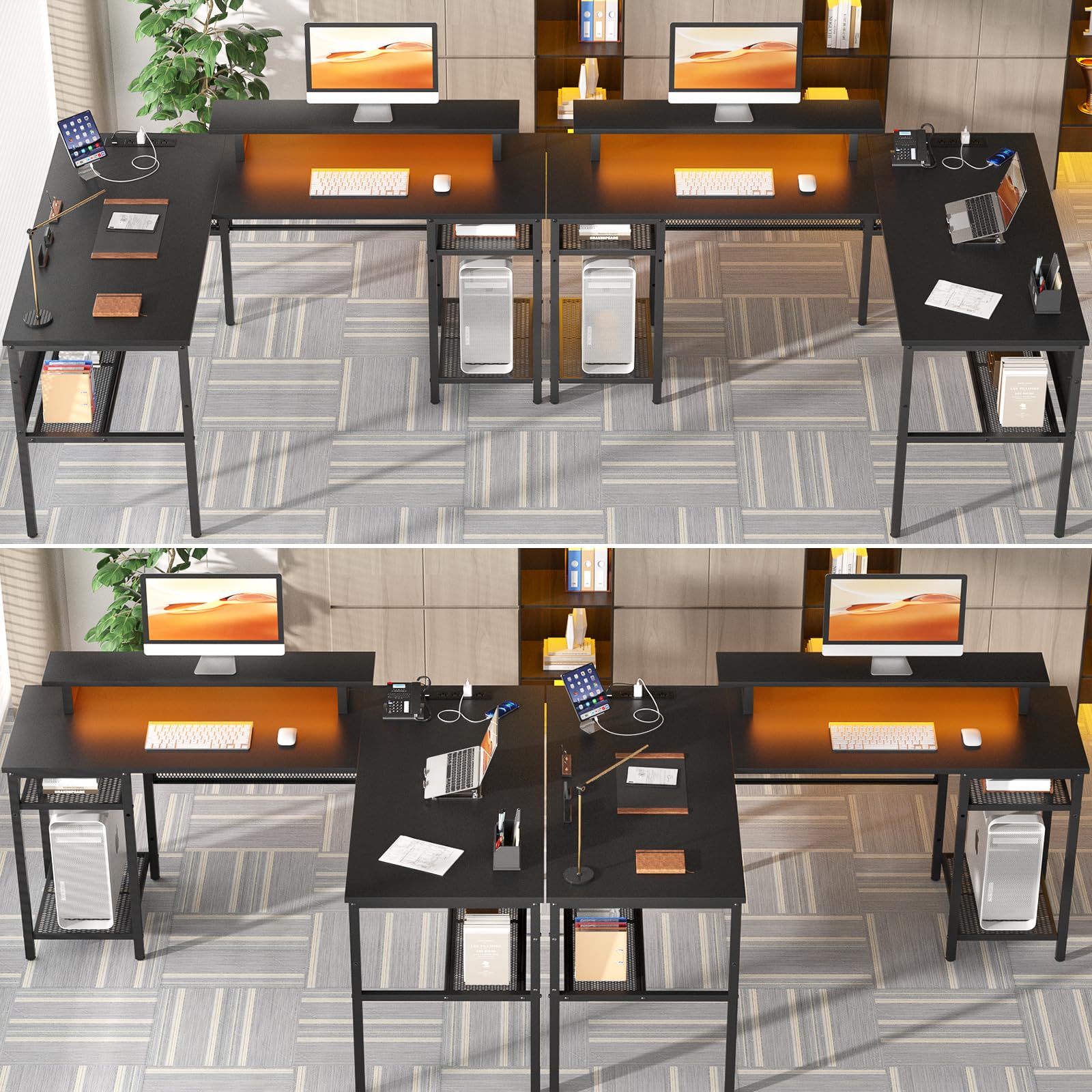 Unikito L Shaped Desk, Reversible Corner Computer Desk with Magic Power Outlets and Smart LED Light, Unique Grid Design, 55 Inch Office Desk with Monitor Stand and Storage Shelf, Black