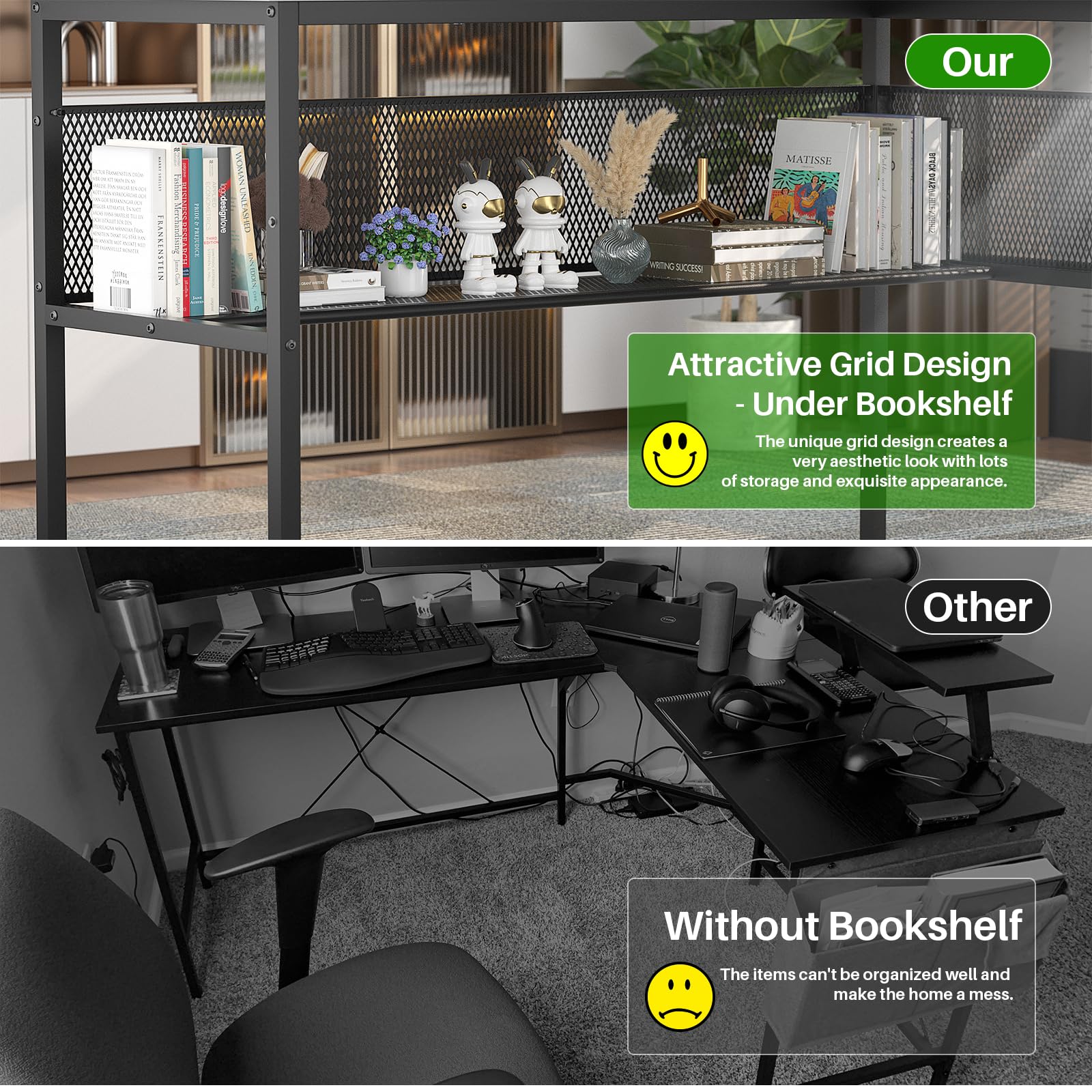 Unikito L Shaped Desk, Reversible Corner Computer Desk with Magic Power Outlets and Smart LED Light, Unique Grid Design, 55 Inch Office Desk with Monitor Stand and Storage Shelf, Black