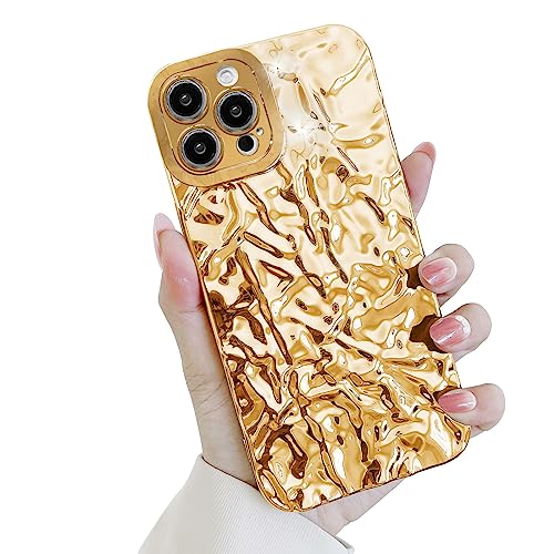 Yebowe Compatible with iPhone 13 Pro Max Case, Cute 3D Tin Foil Pleated Luxury Phone Cover for Women Girls Shiny Bling Designer Soft Silicone Case for iPhone 13 Pro Max, Gold