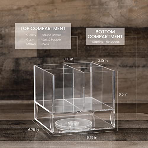 ELTOW Acrylic Swivel Silverware Caddy - Stylish Kitchen Table Organizer for Flatware, Cutlery, Arts, Cosmetic, Party with Napkin Holder - Made with Clear Lucite, Divided Storage Pantry Basket for Forks, Knives, Spoons, etc.