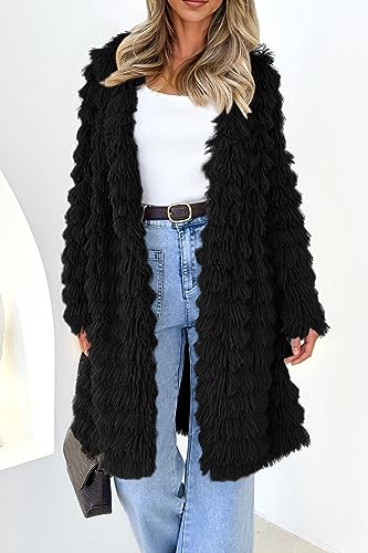 PRETTYGARDEN Women's Winter Faux Fur Jackets Fall Fashion Open Front Long Shaggy Coat Outerwear (Black,Medium)