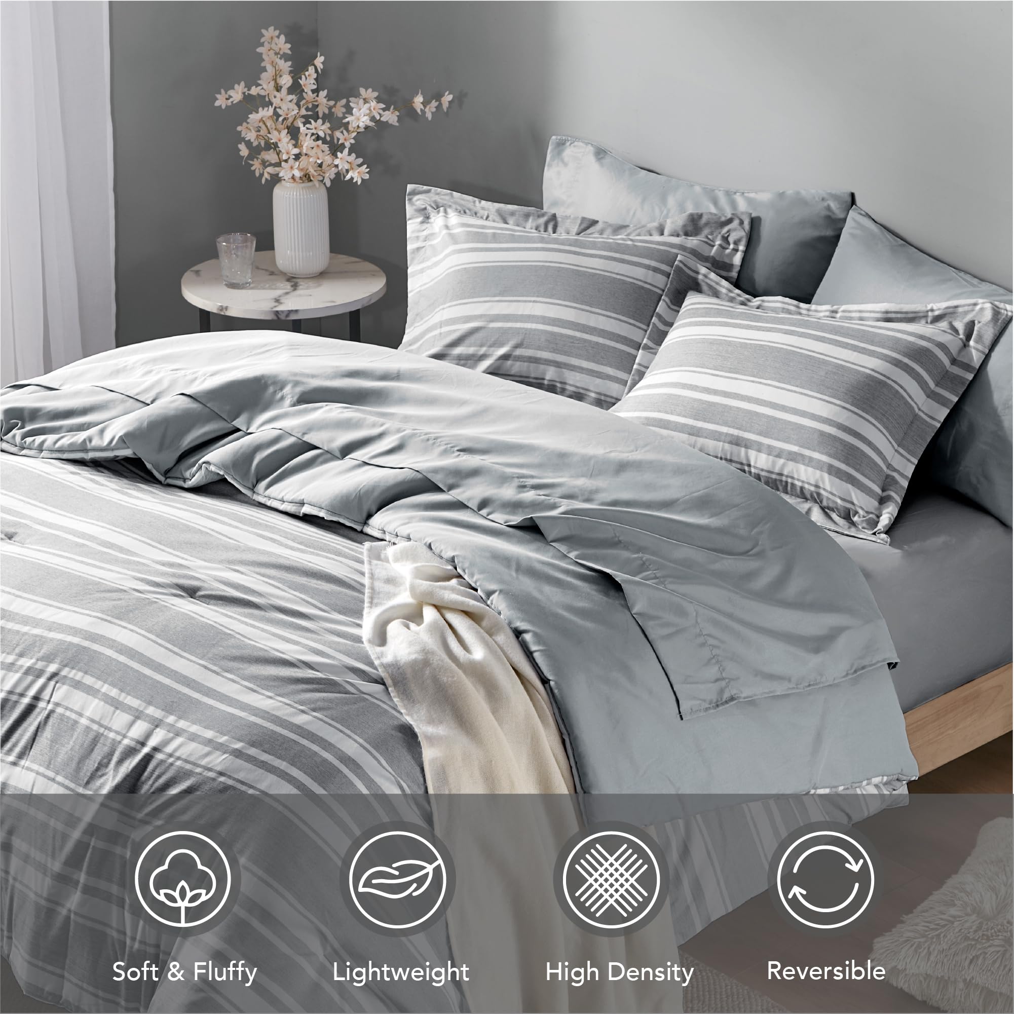 Queen Size Bed in a Bag, Full Bedding Sets, Modern Farmhouse Grey and White Striped Comforter with Sheets, 7-Piece Complete Bedroom Set