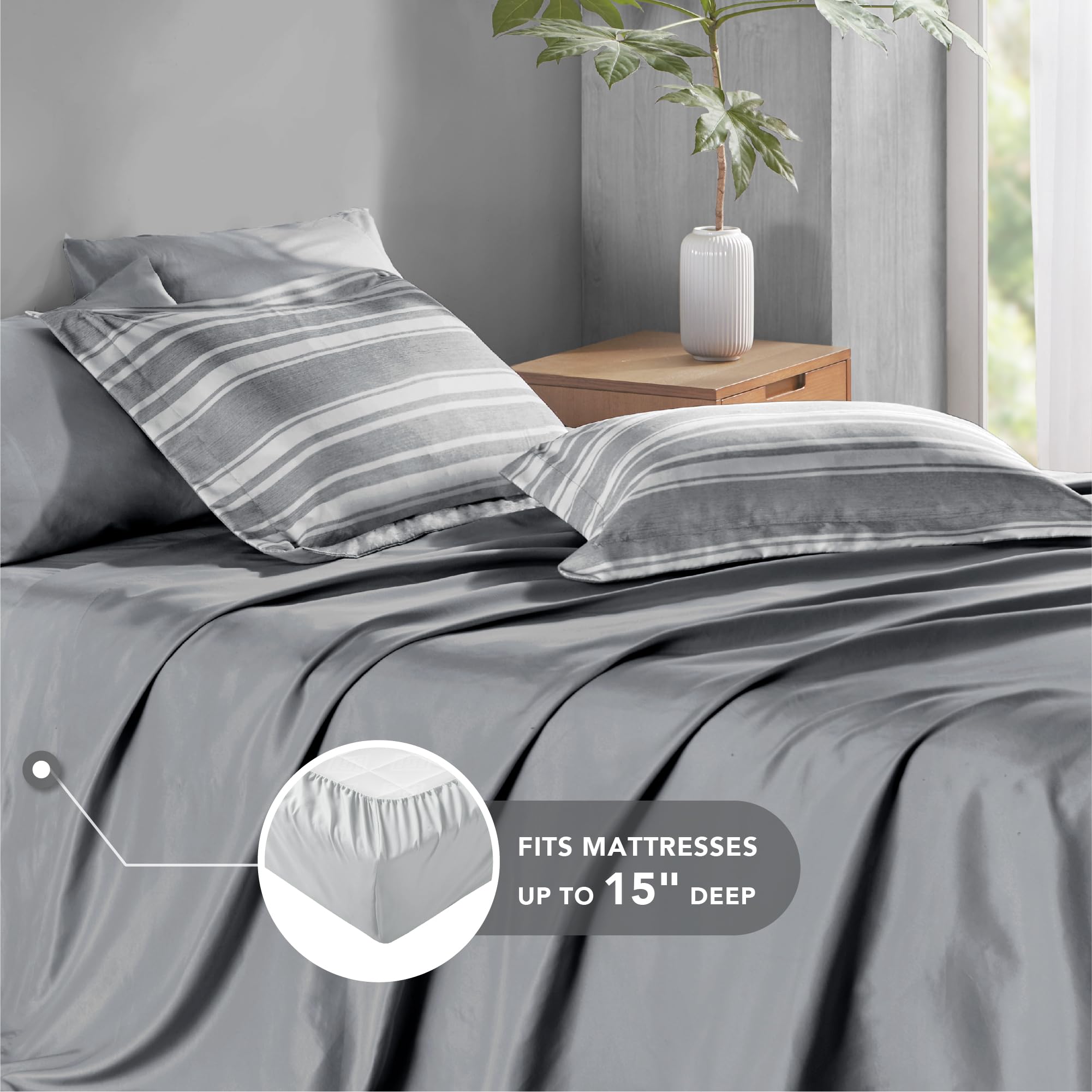Queen Size Bed in a Bag, Full Bedding Sets, Modern Farmhouse Grey and White Striped Comforter with Sheets, 7-Piece Complete Bedroom Set