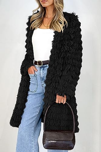 PRETTYGARDEN Women's Winter Faux Fur Jackets Fall Fashion Open Front Long Shaggy Coat Outerwear (Black,Medium)