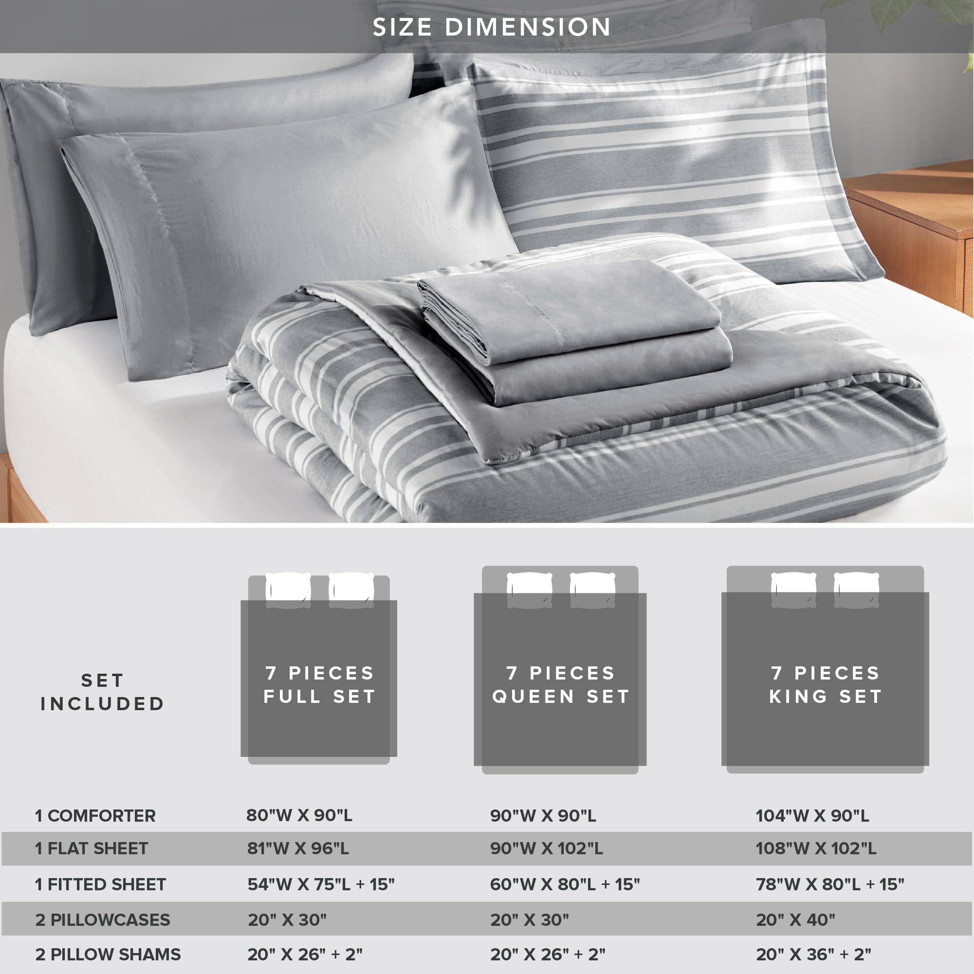 Queen Size Bed in a Bag, Full Bedding Sets, Modern Farmhouse Grey and White Striped Comforter with Sheets, 7-Piece Complete Bedroom Set