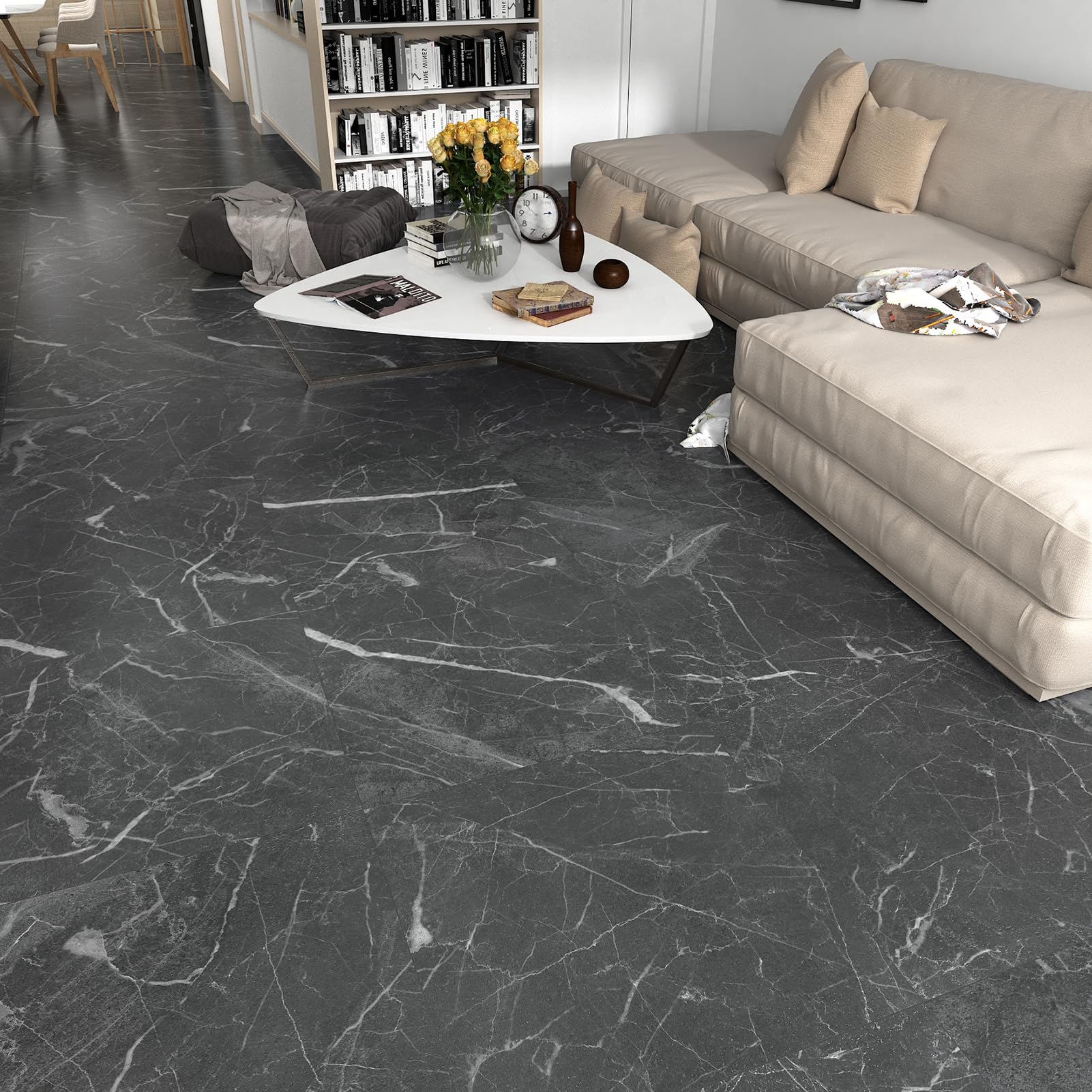 WESTICK Grey Black Marble Peel and Stick Floor Tile Vinyl Flooring Peel and Stick Bathroom Floor Tiles Waterproof Non-Slip Flooring Tile Sticker for Kitchen Bedroom RV 5 PCS 12" x 12"