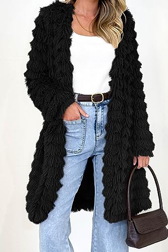 PRETTYGARDEN Women's Winter Faux Fur Jackets Fall Fashion Open Front Long Shaggy Coat Outerwear (Black,Medium)