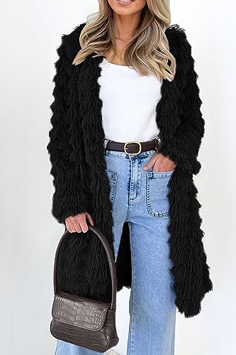 PRETTYGARDEN Women's Winter Faux Fur Jackets Fall Fashion Open Front Long Shaggy Coat Outerwear (Black,Medium)