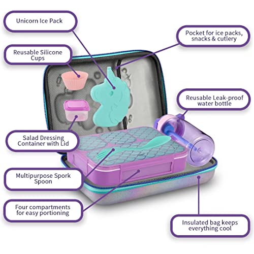 BDBKYWY Unicorn Lunch Bag Lunch Box Set - Insulated Lunch Bag with 4 Compartment Bento Box Ice Pack Water Bottle Silicon Cap Spoon Salad Container for Lunch Kid's School Supplies Ideal for Age 7-15