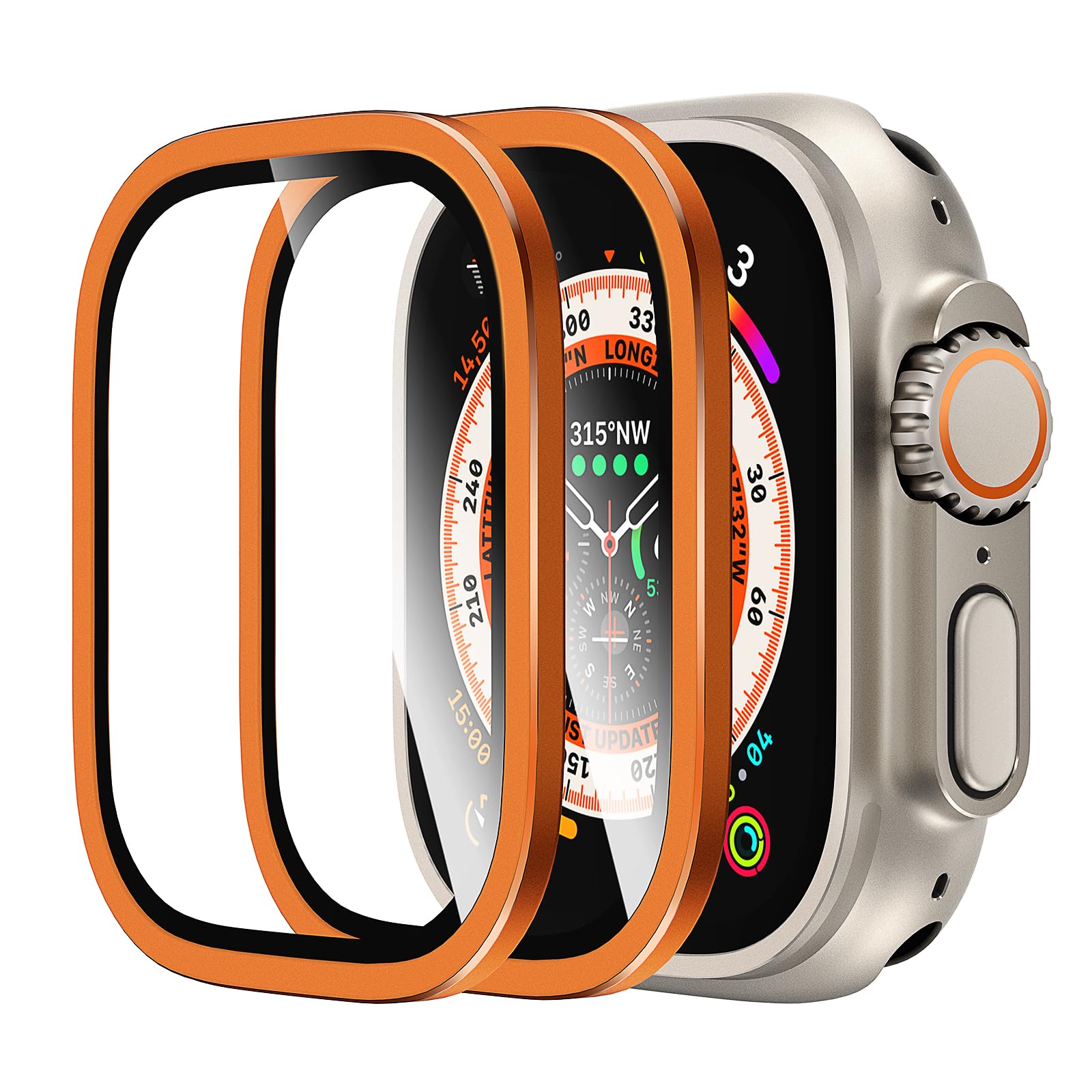 LϟK 2 Pack for Apple Watch Ultra 2 / Ultra Screen Protector 49mm - 9H Tempered Glass + Titanium Alloy Frame [Stay Original+Bubble Free] Waterproof HD Glass Film for iWatch Ultra 49mm, Orange