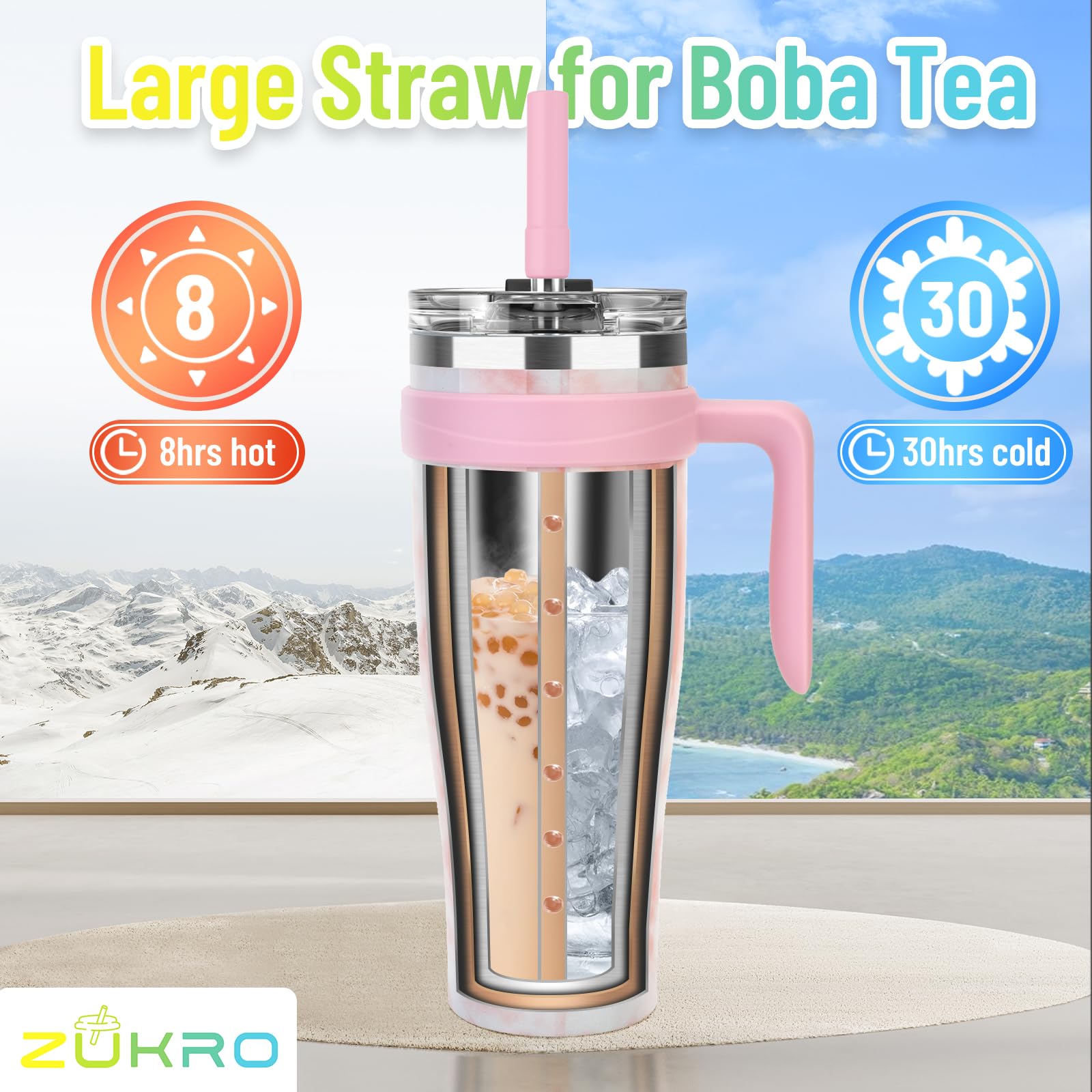 Zukro 50 oz Tumbler With Handle and Straw, Large Leak Proof Vacuum Insulated Double Wall Stainless Steel Cup with 2-in-1 Screw Lid, No Sweat, Travel Mug Fit in Cup Holder, Keeps Drinks Cold 30 Hours